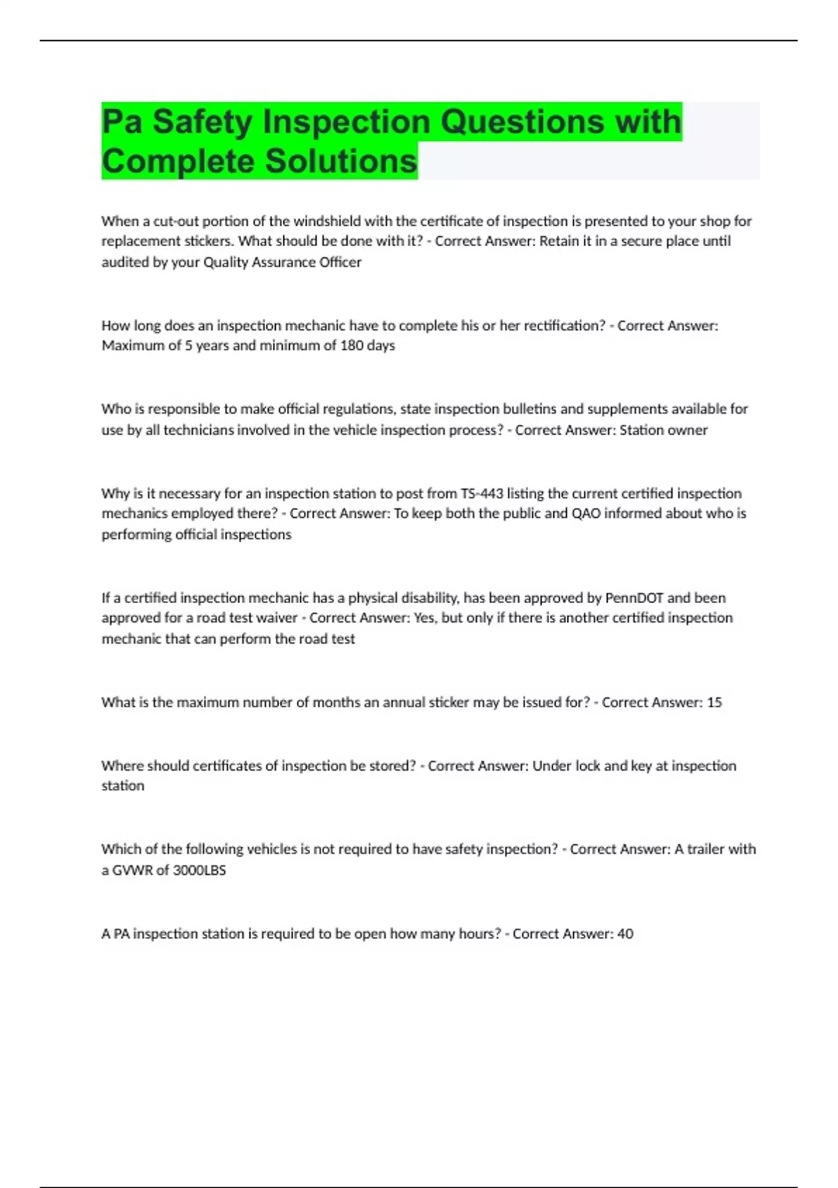 Pa Safety Inspection Questions with Complete Solutions. - Inspection ...