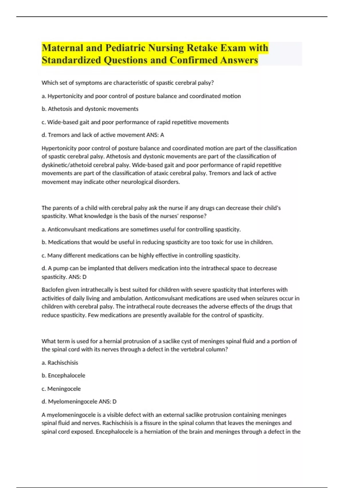Maternal and Pediatric Nursing Retake Exam with Standardized Questions ...