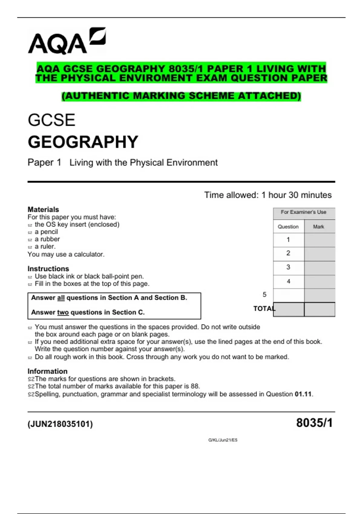AQA GCSE GEOGRAPHY 8035/1 PAPER 1 LIVING WITH THE PHYSICAL ENVIROMENT ...