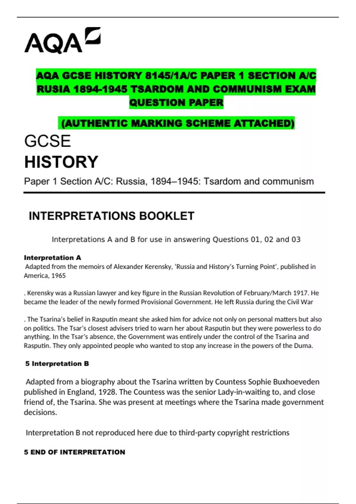 AQA GCSE HISTORY 8145/1A/C PAPER 1 SECTION A/C RUSIA TSARDOM AND ...