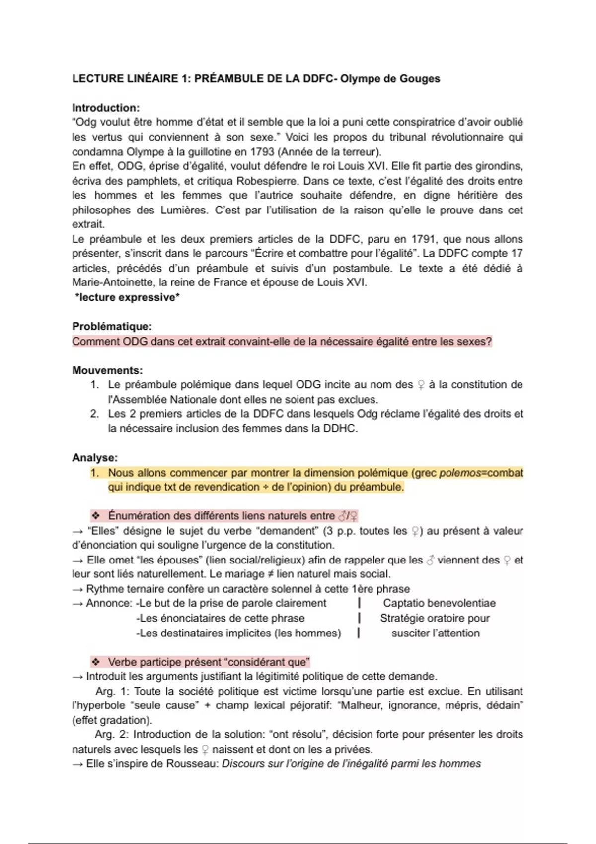 Résumé Analyse linéaire Préambule DDFC d'Olympe de Gouges Partie 1 ...