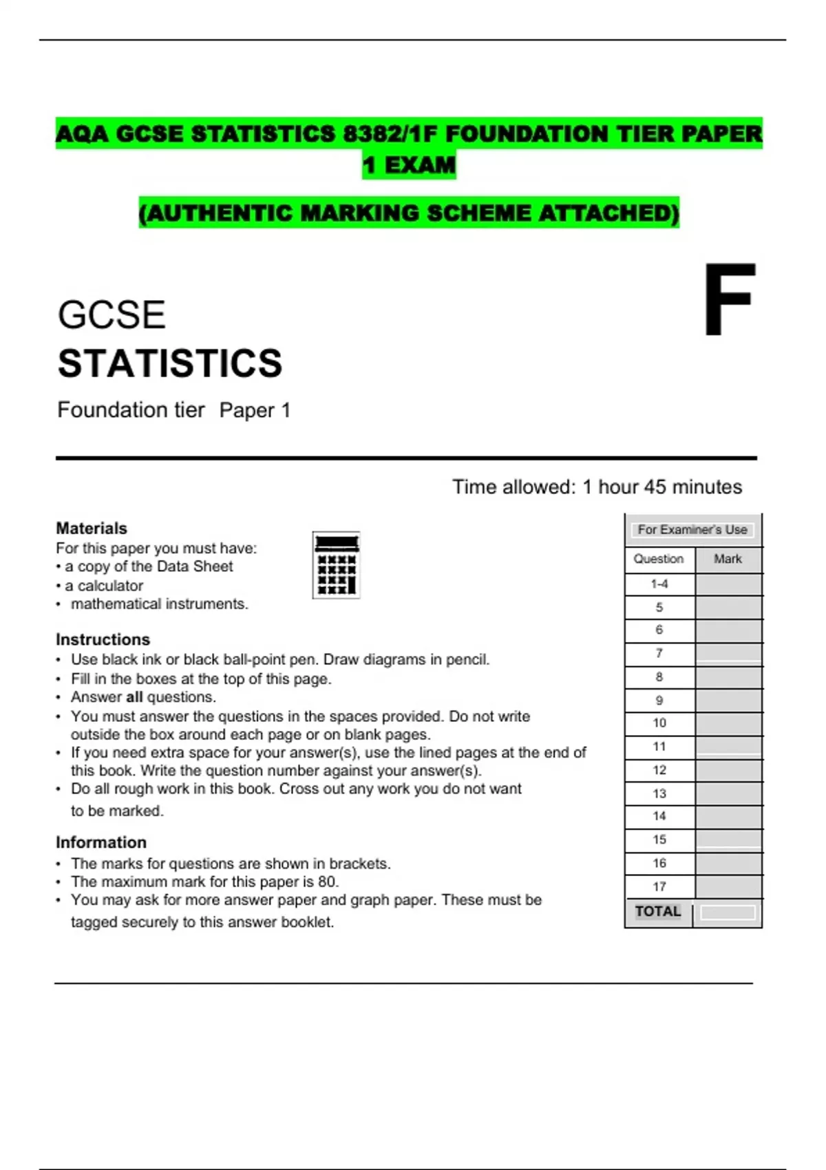 AQA GCSE STATISTICS 8382/1F FOUNDATION TIER PAPER 1 EXAM (AUTHENTIC ...