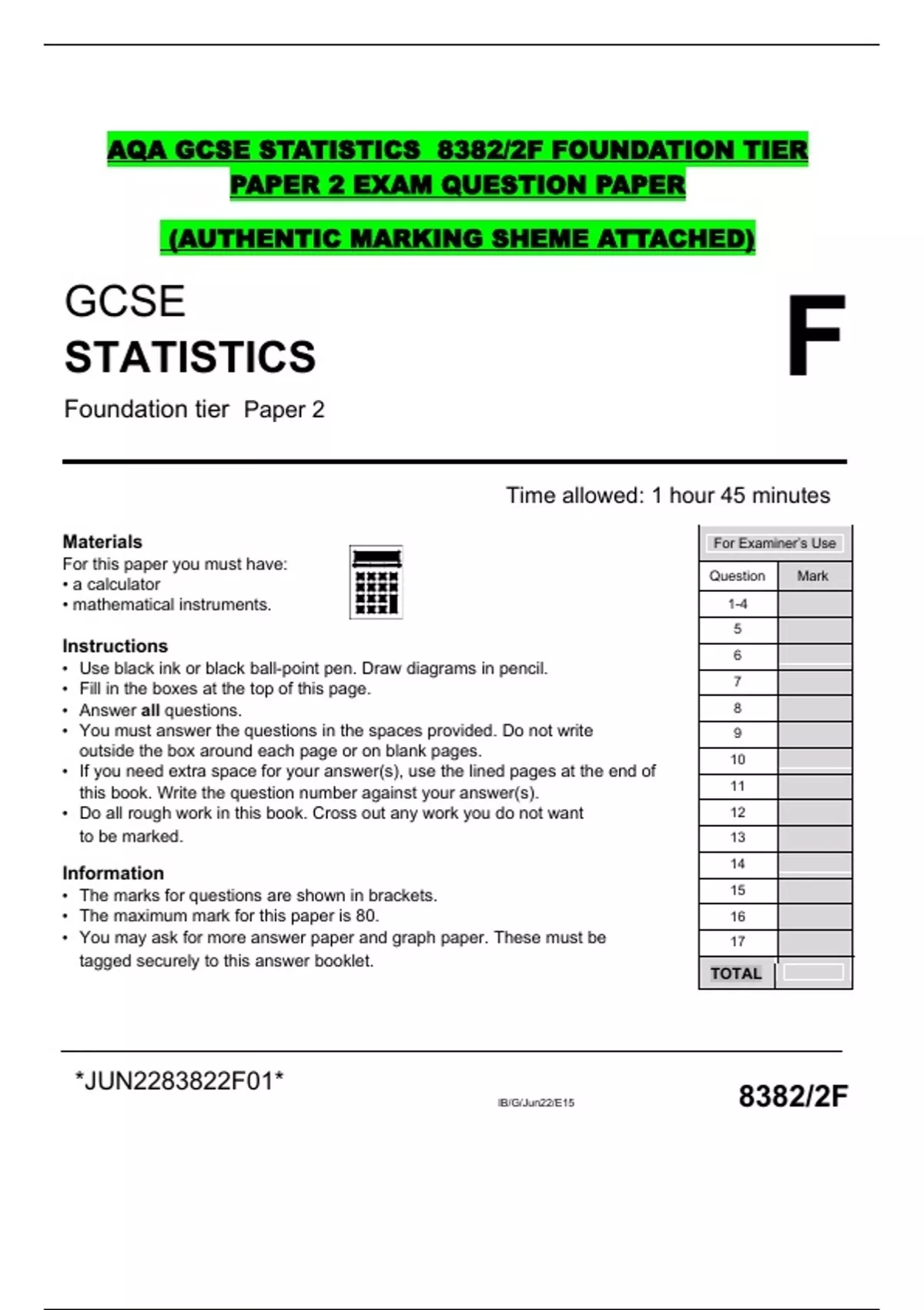 AQA GCSE STATISTICS 8382/2F FOUNDATION TIER PAPER 2 EXAM QUESTION PAPER ...