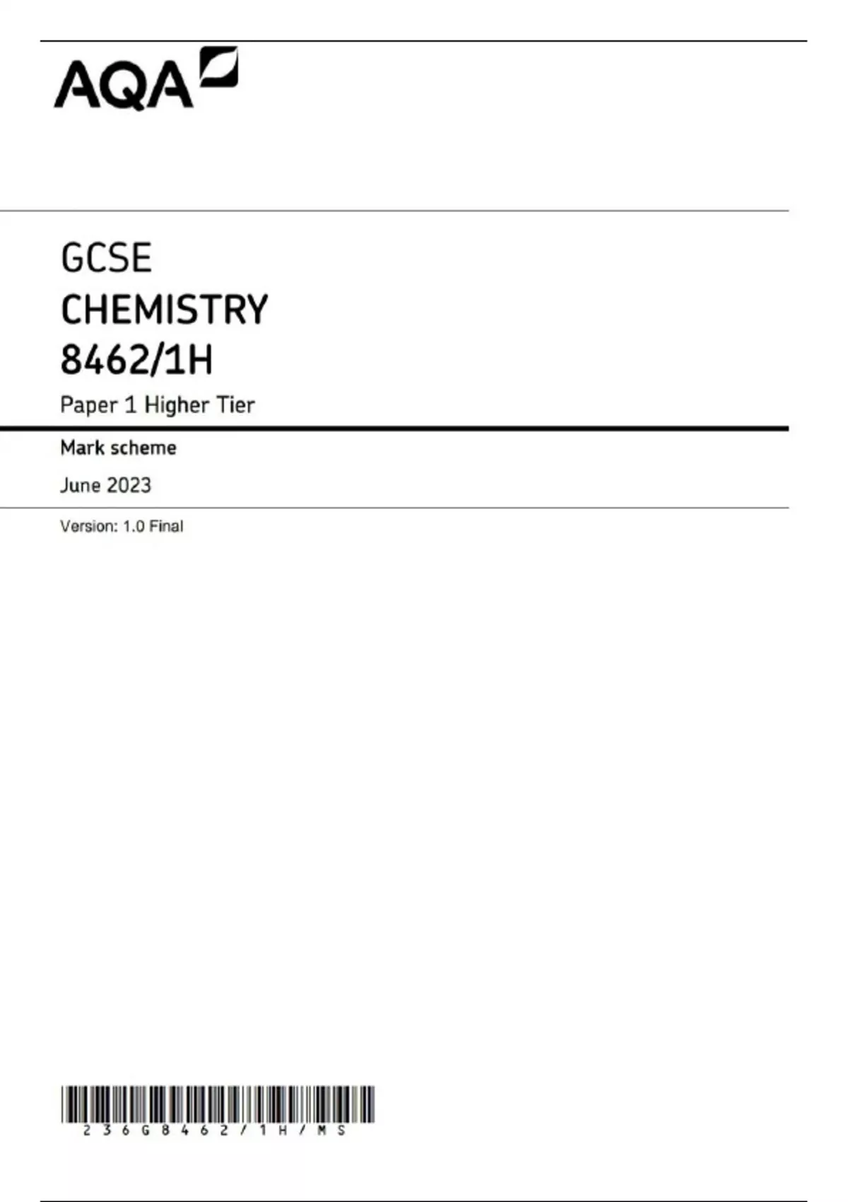Aqa May 2023 Gcse Higher Triple Science Chemistry Paper 1 Mark Scheme Science Stuvia Uk