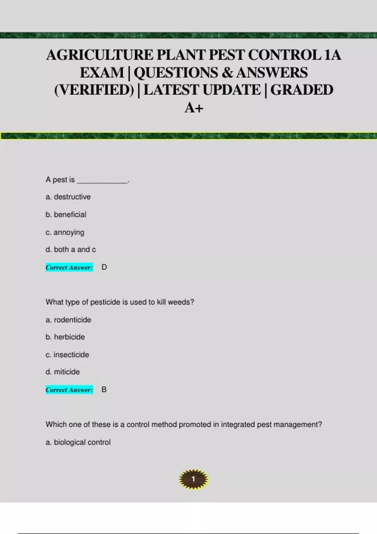 AGRICULTURE PLANT PEST CONTROL 1A EXAM | QUESTIONS & ANSWERS (VERIFIED ...