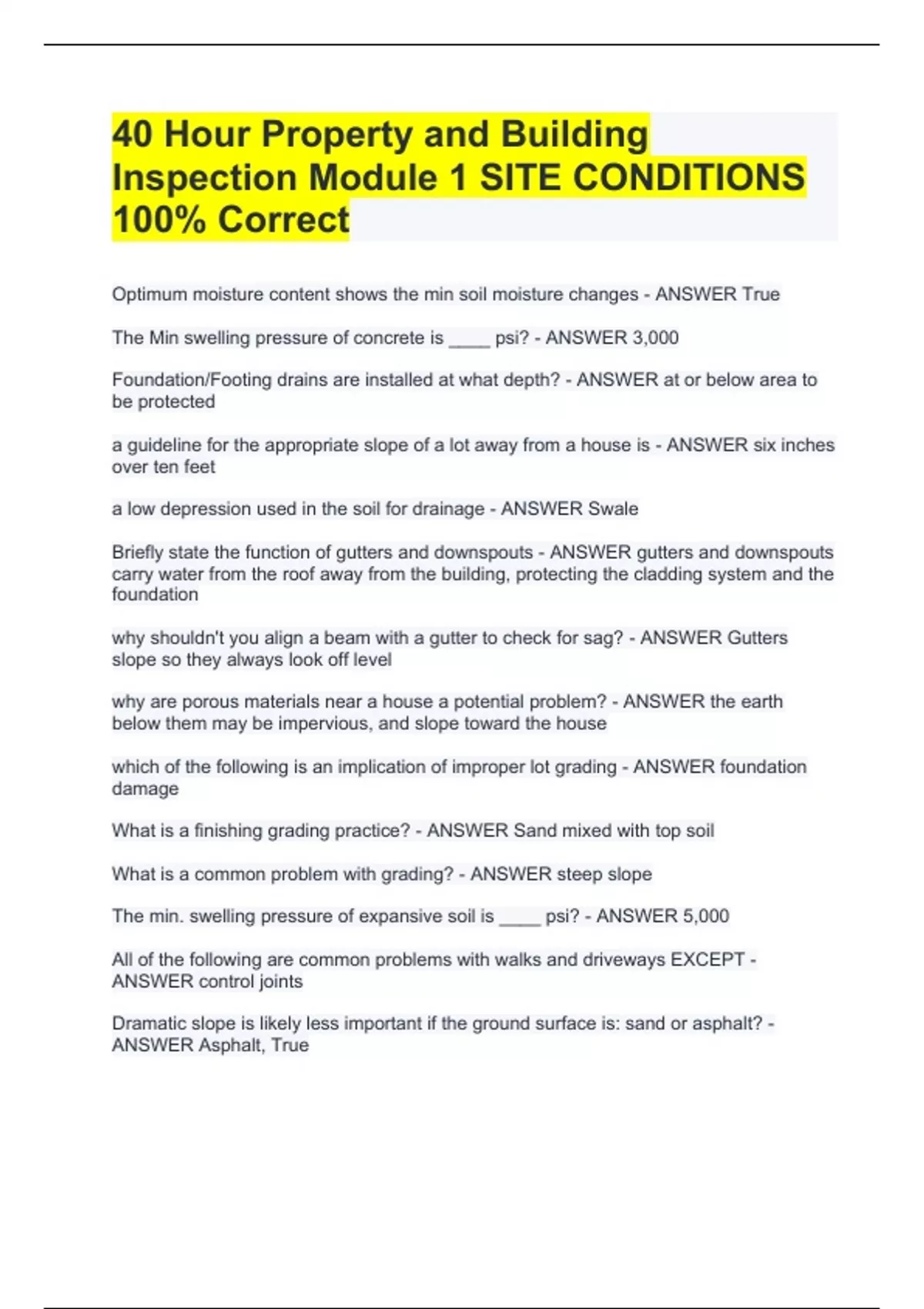 40 Hour Property and Building Inspection Module 1 SITE CONDITIONS 100% ...