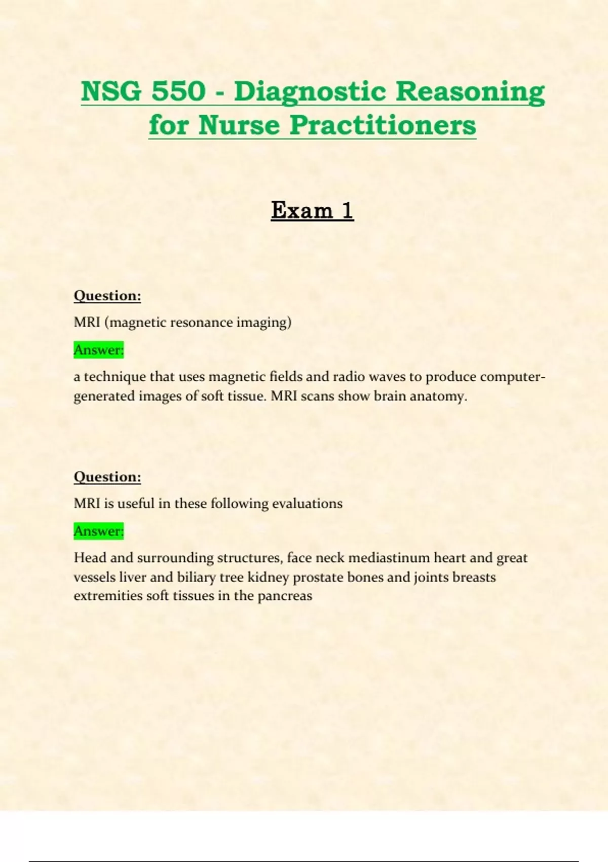 NSG550 / NSG 550 Exam 1 (Latest 2024 / 2025 Update): Diagnostic ...