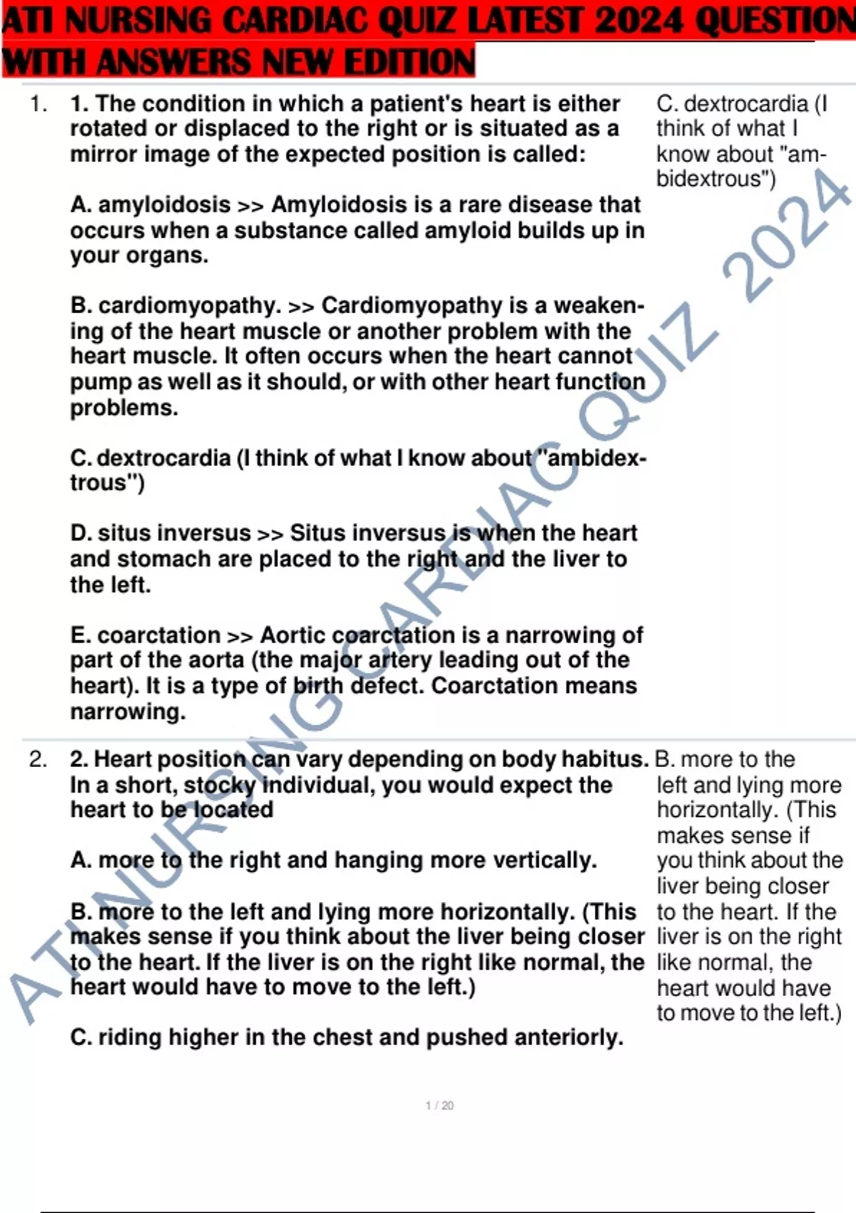 ATI NURSING CARDIAC QUIZ LATEST 2024 QUESTIONS WITH ANSWERS NEW EDITION ...