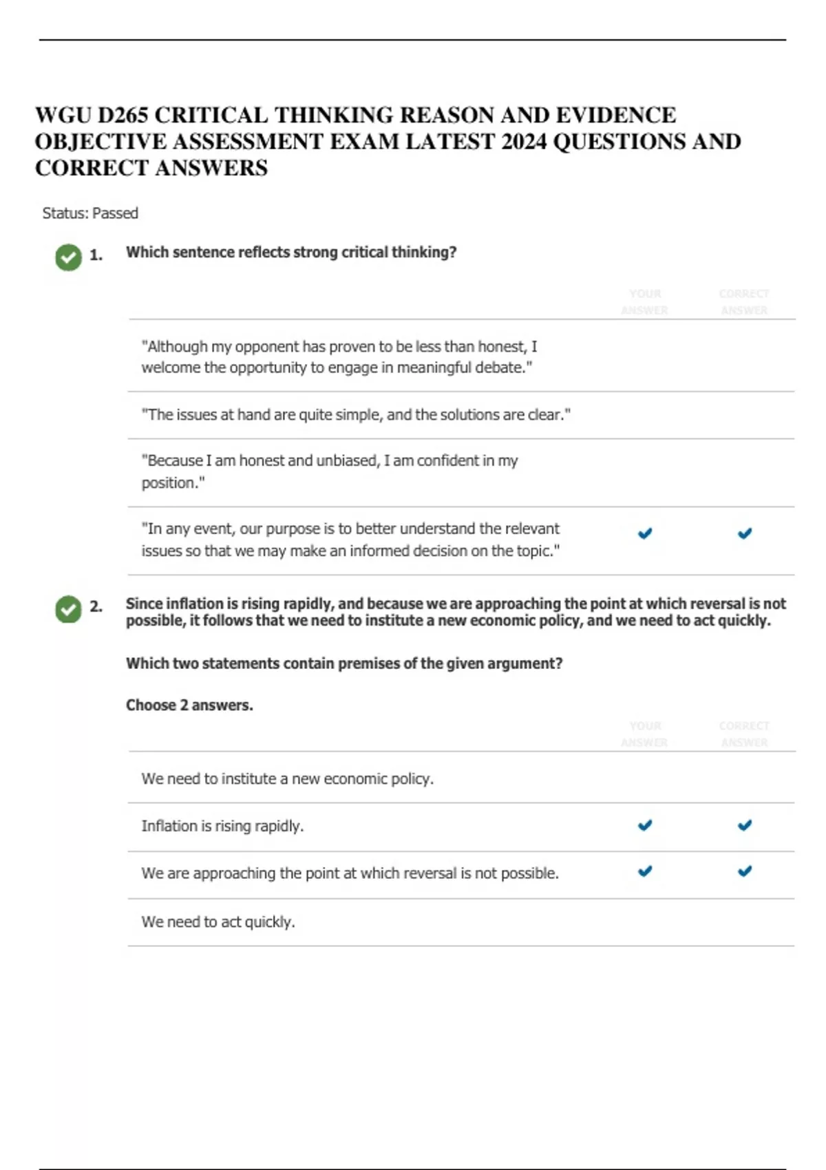 WGU D265 CRITICAL THINKING REASON AND EVIDENCE OBJECTIVE ASSESSMENT ...