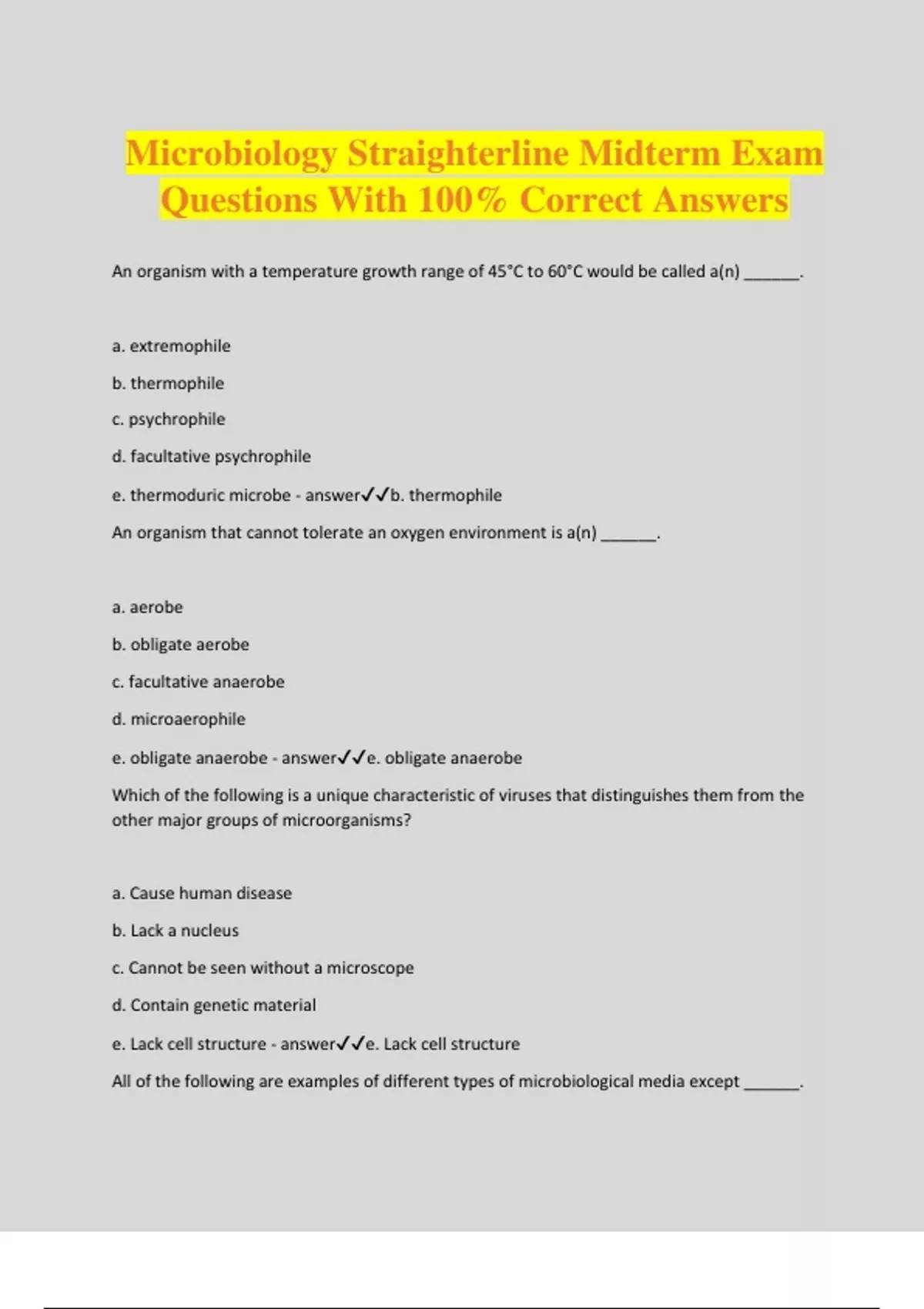 Microbiology Straighterline Midterm Exam Questions With 100% Correct ...