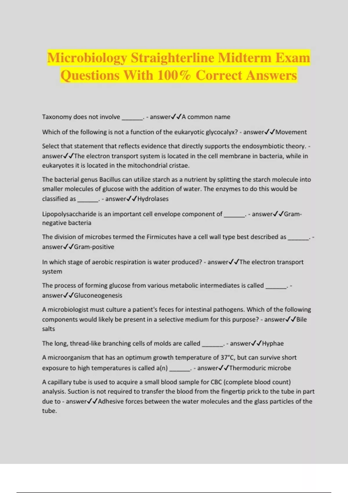 Microbiology Straighterline Midterm Exam Questions With 100% Correct ...