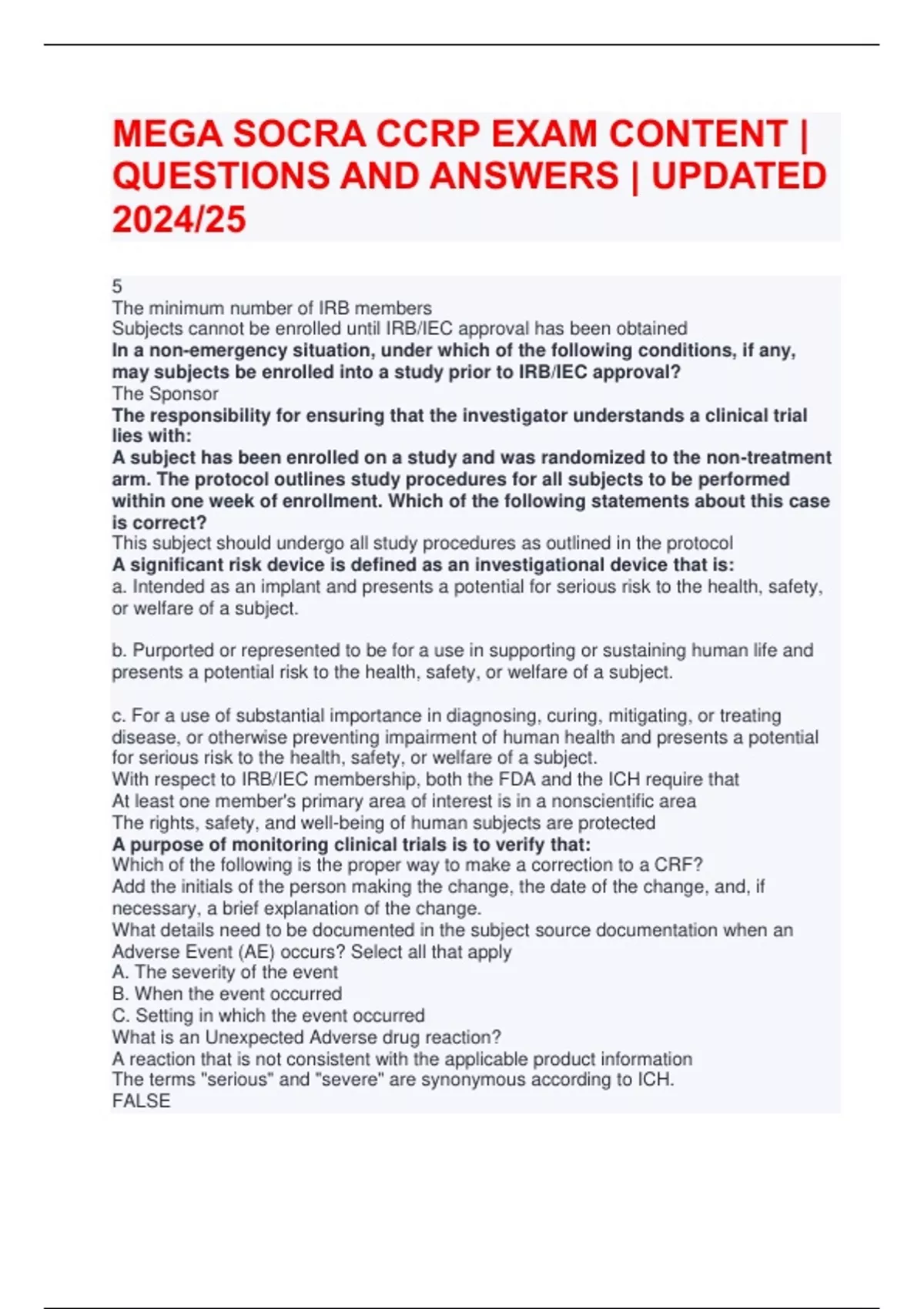 MEGA SOCRA CCRP EXAM CONTENT | QUESTIONS AND ANSWERS | UPDATED 2024/25 - MEGA SOCRA CCRP - Stuvia US