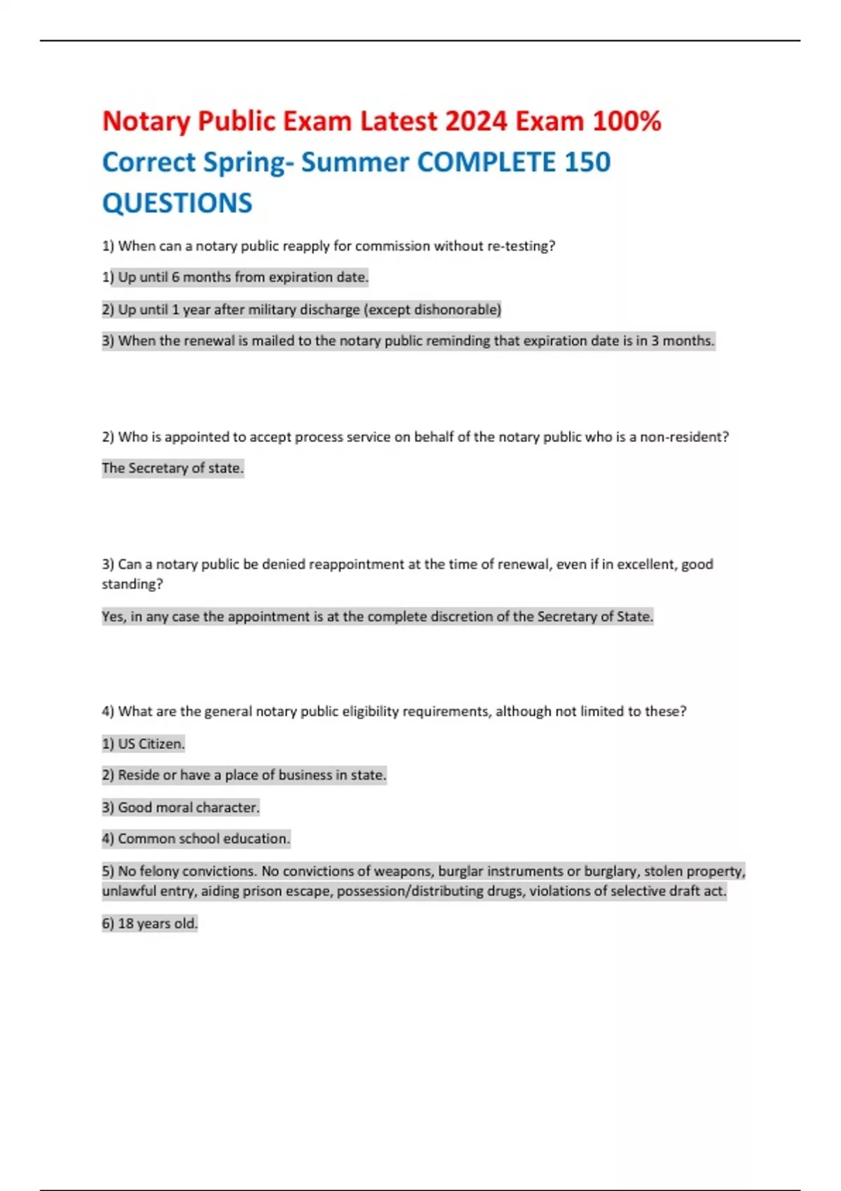 Notary Public Exam Latest 2024 Exam 100% Correct Spring- Summer ...