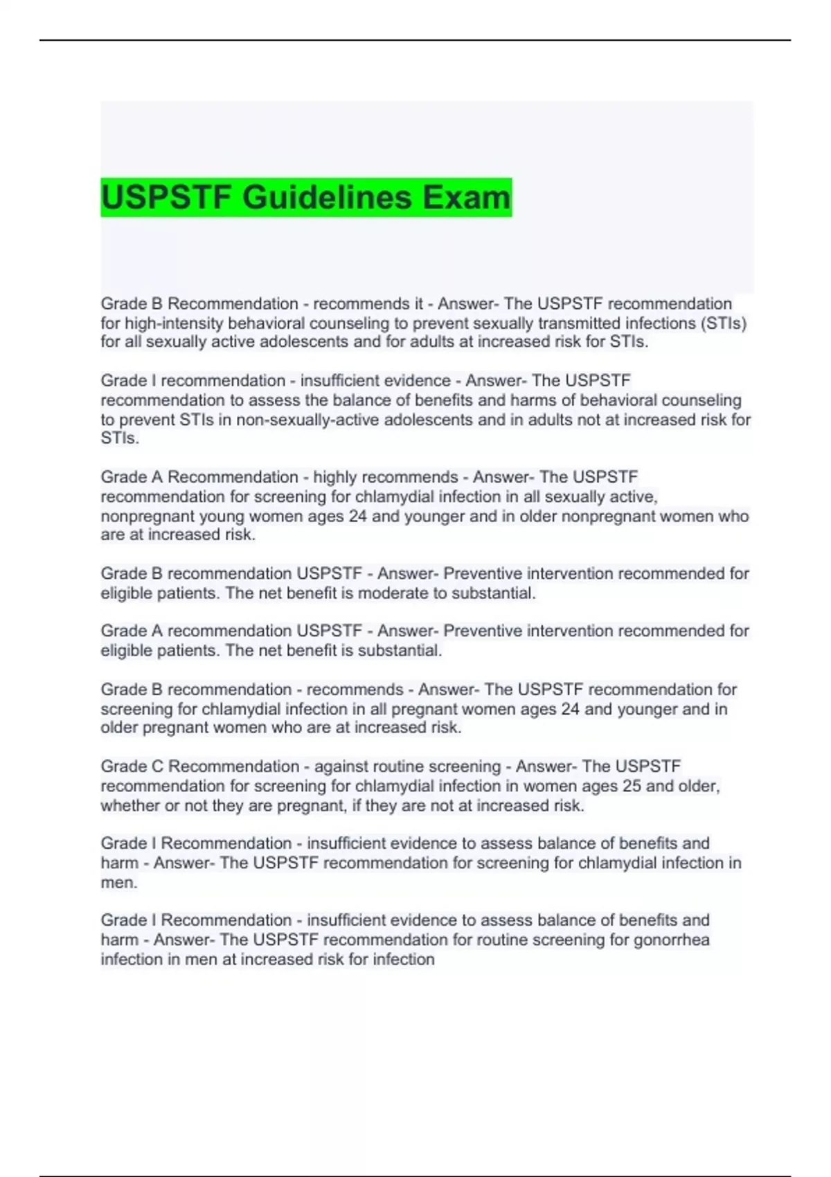USPSTF Guidelines Exam 2024 Questions with correct Answers - USPSTF ...