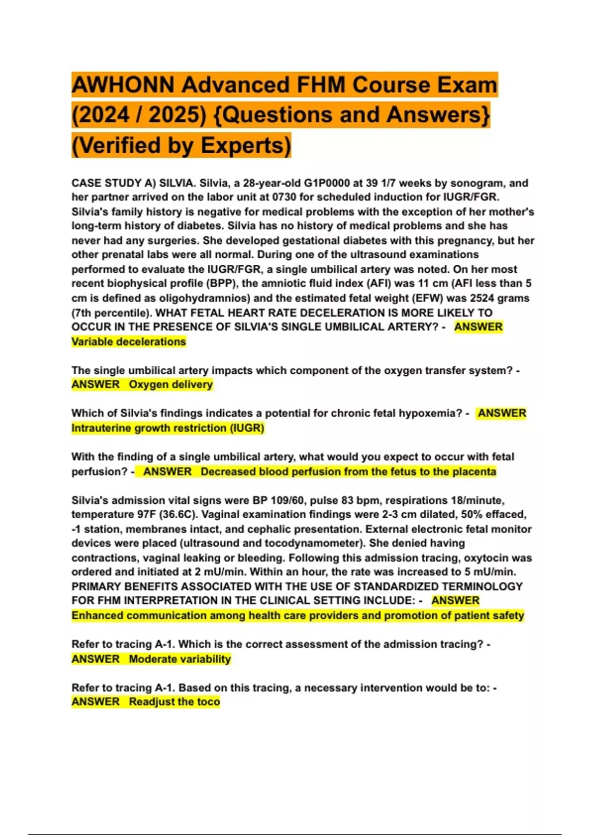 AWHONN Intermediate Fetal Monitoring EXAM BUNDLE|| ACTUAL EXAMS ...