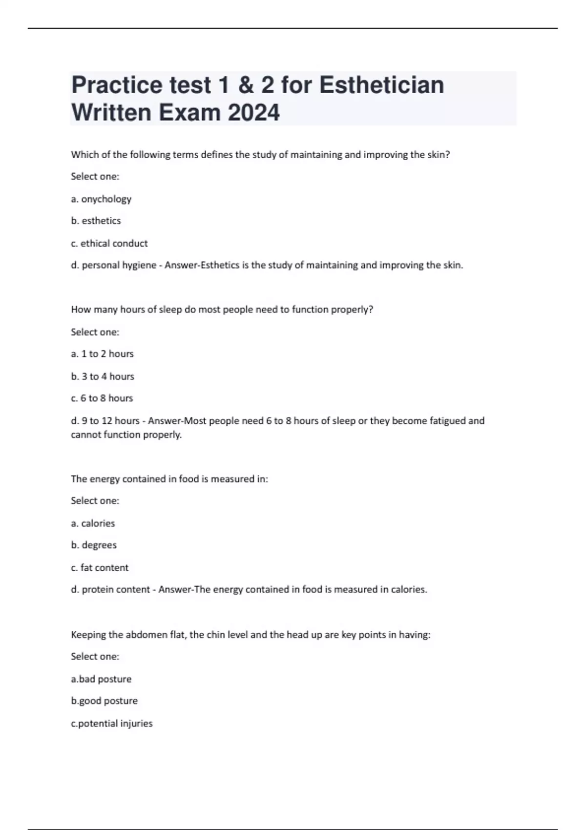 Practice test 1 & 2 for Esthetician Written Exam 2024 (Questions ...