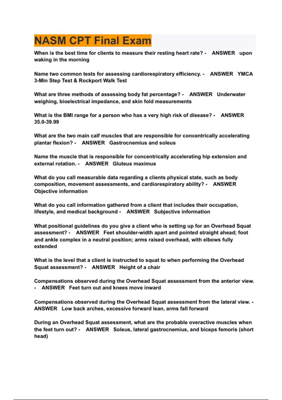 NASM CPT Final Exam Questions and Answers (2024 / 2025) (Verified Answers) - NASM CPT - Stuvia US