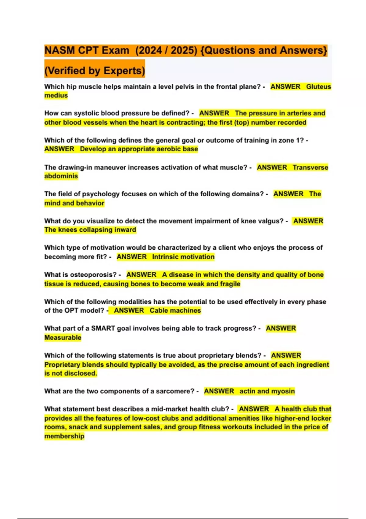 NASM CPT Exam (2024 / 2025) {Questions and Answers} (Verified by Experts) - NASM CPT - Stuvia US