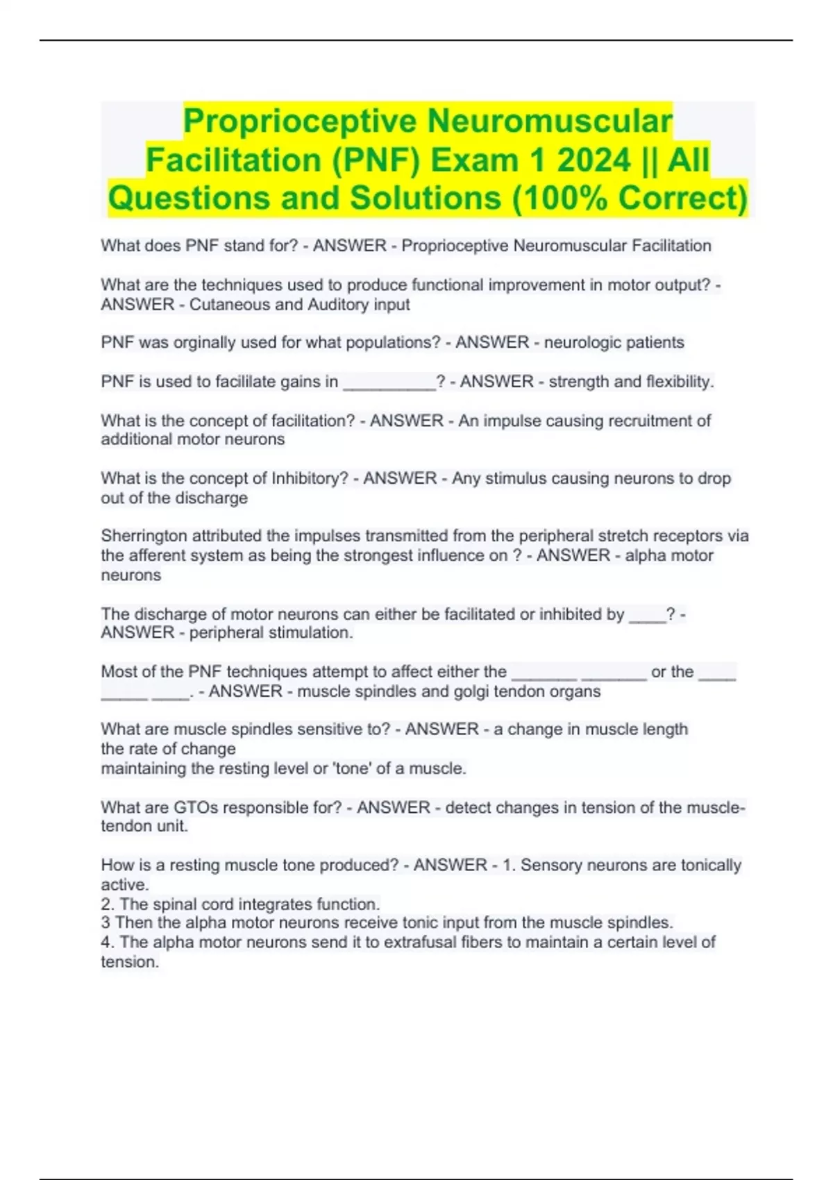 Proprioceptive Neuromuscular Facilitation (PNF) Exam 1 2024 || All ...