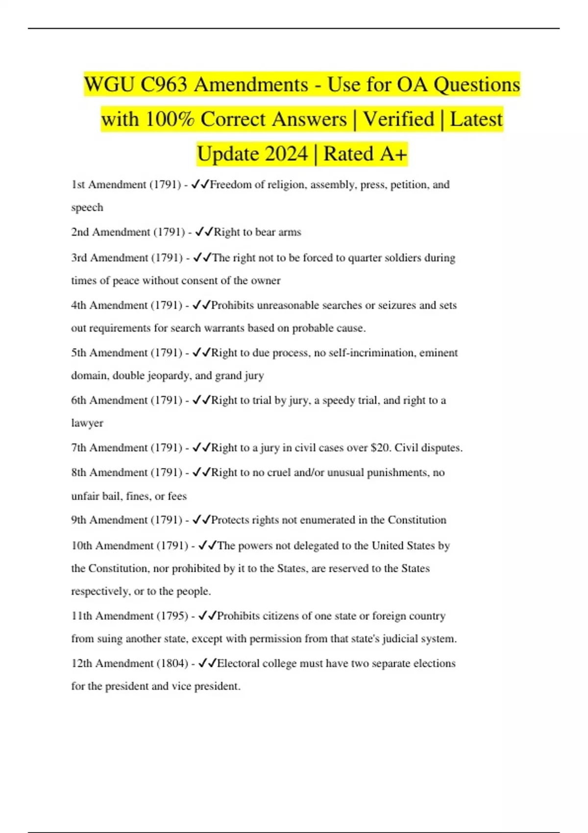 WGU C963 Amendments - Use for OA Questions with 100% Correct Answers ...