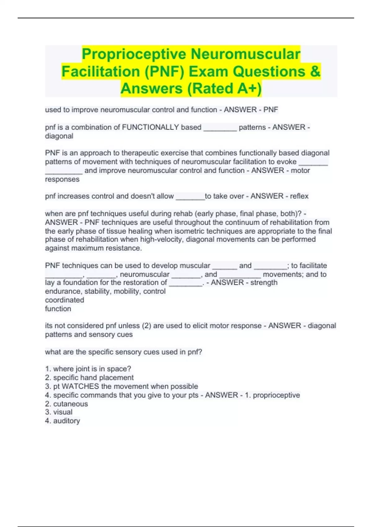 Proprioceptive Neuromuscular Facilitation (PNF) Exam Questions ...