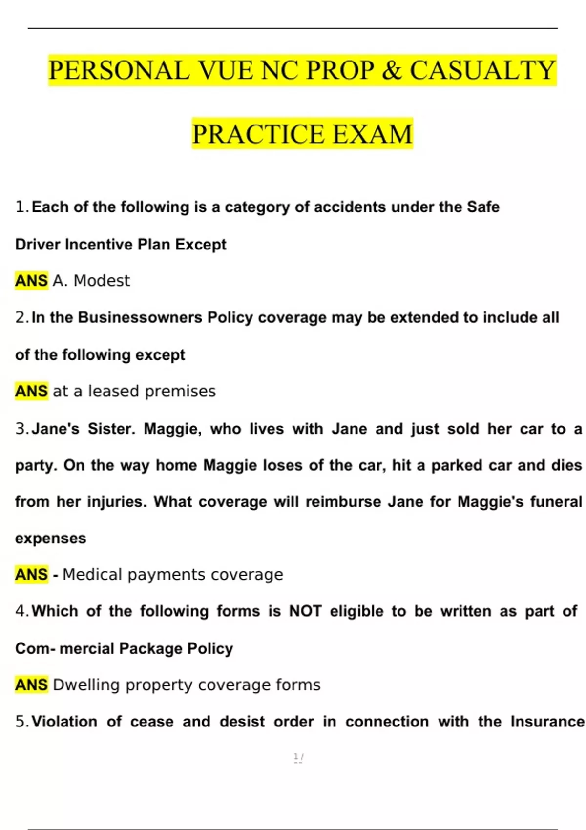 PERSONAL VUE NC PROP & CASUALTY PRACTICE EXAM Questions with 100% Correct Answers | Updated ...