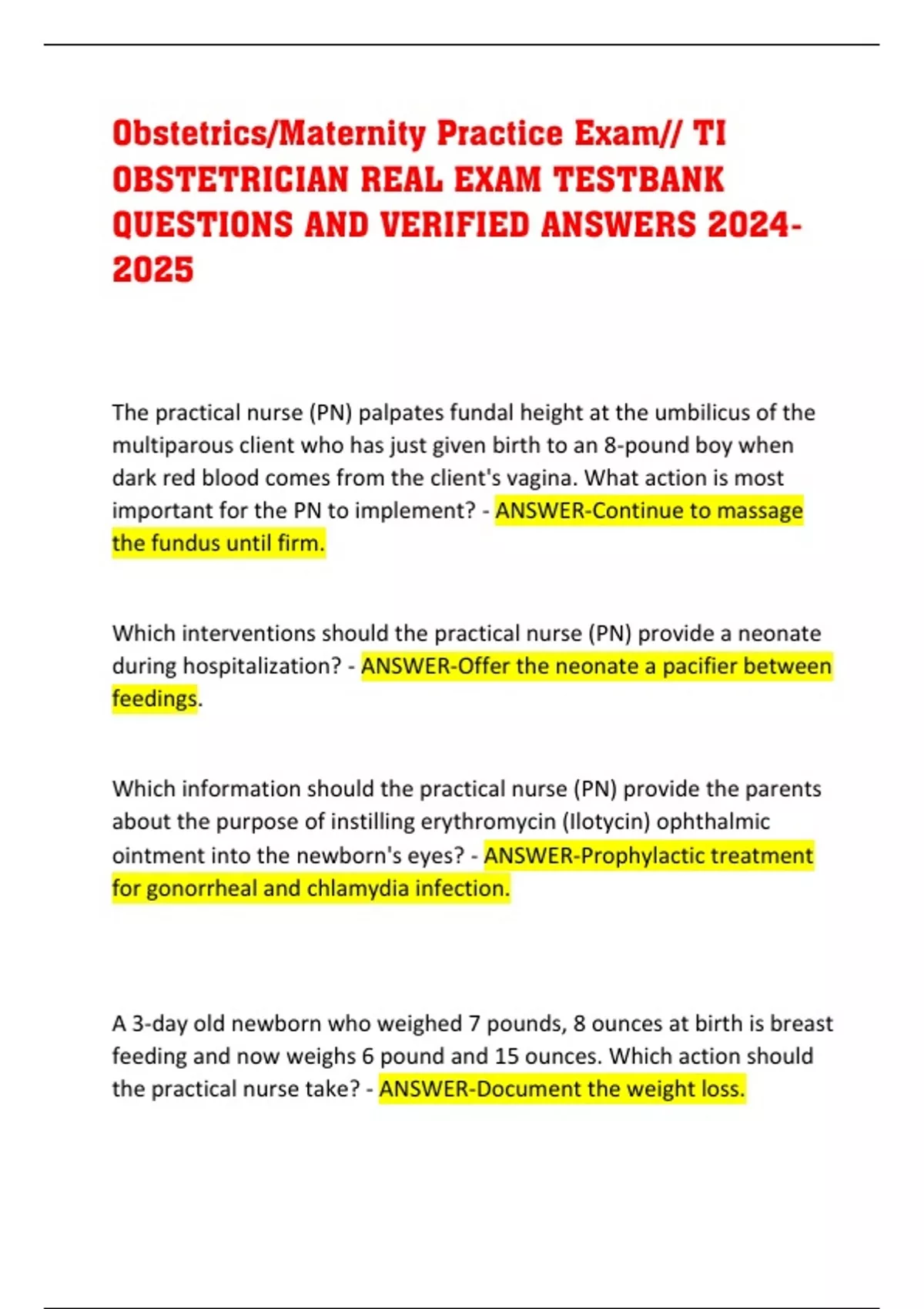 Obstetrics/Maternity Practice Exam// TI OBSTETRICIAN REAL EXAM TESTBANK ...