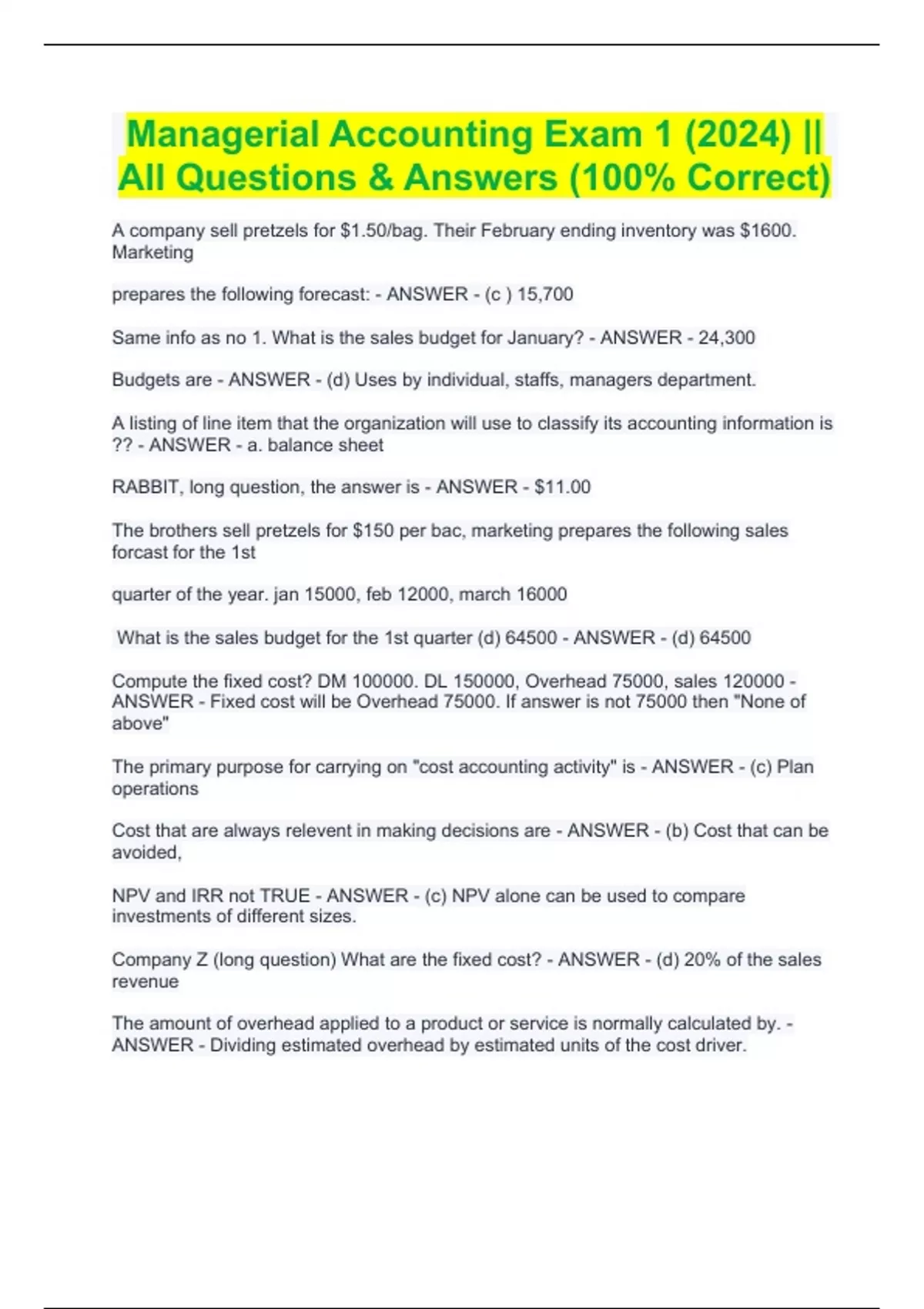 Managerial Accounting Exam 1 (2024) || All Questions & Answers (100% ...