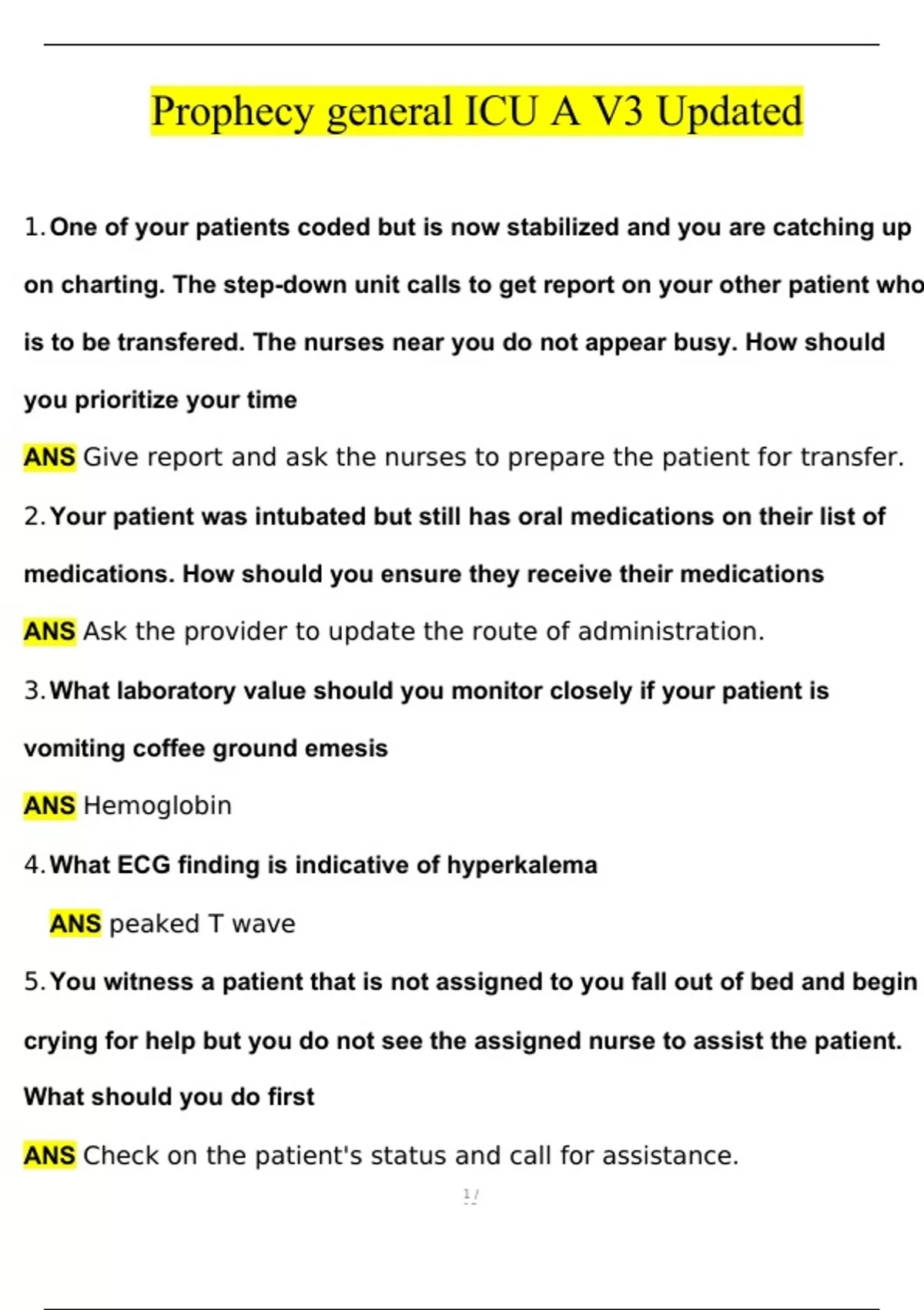 Prophecy general ICU A V3 Updated Questions with 100% Correct Answers ...
