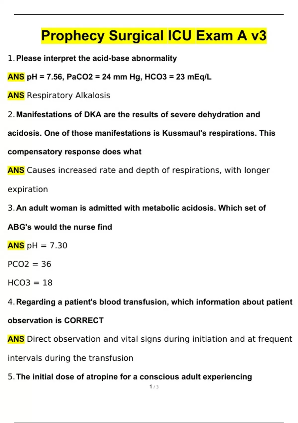 Prophecy Surgical ICU Exam A v3 Questions with 100% Correct Answers ...