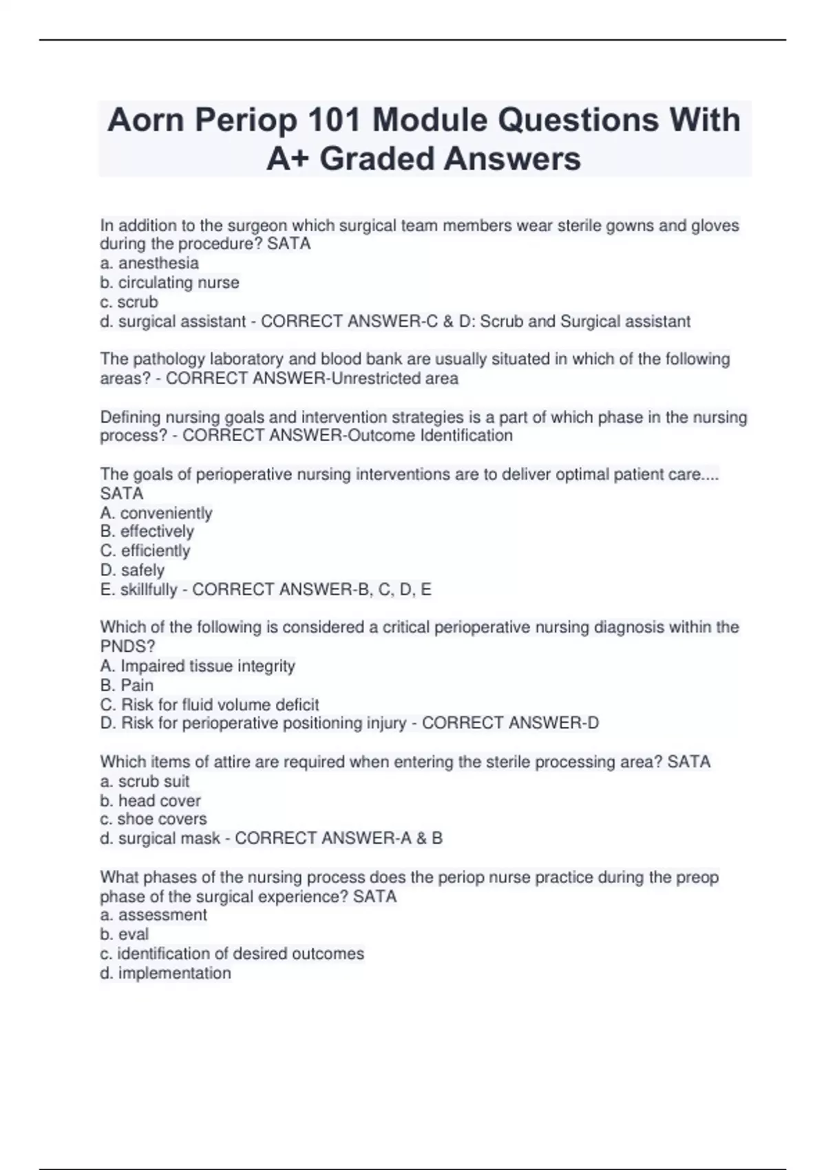Aorn Periop 101 Module Questions With A+ Graded Answers - AORN Preop ...