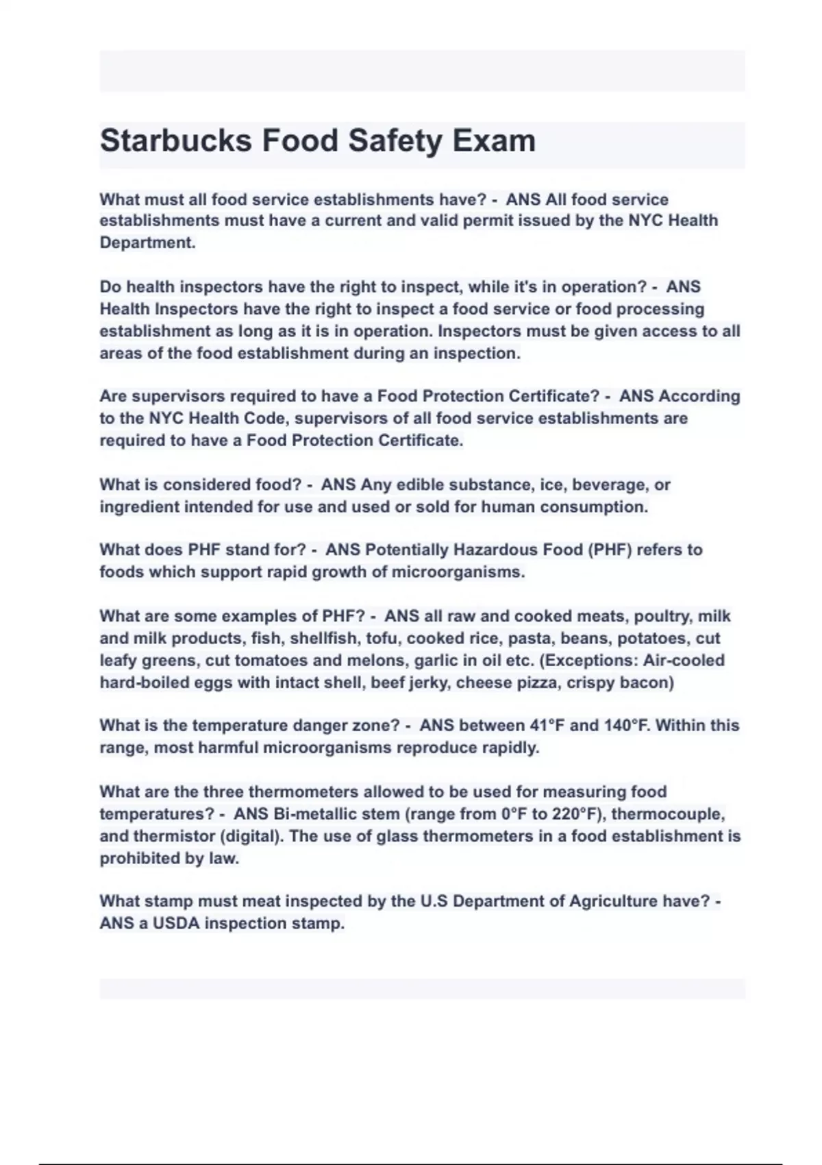 Starbucks Food Safety Exam Questions with correct Answers 2024/2025( A+ ...