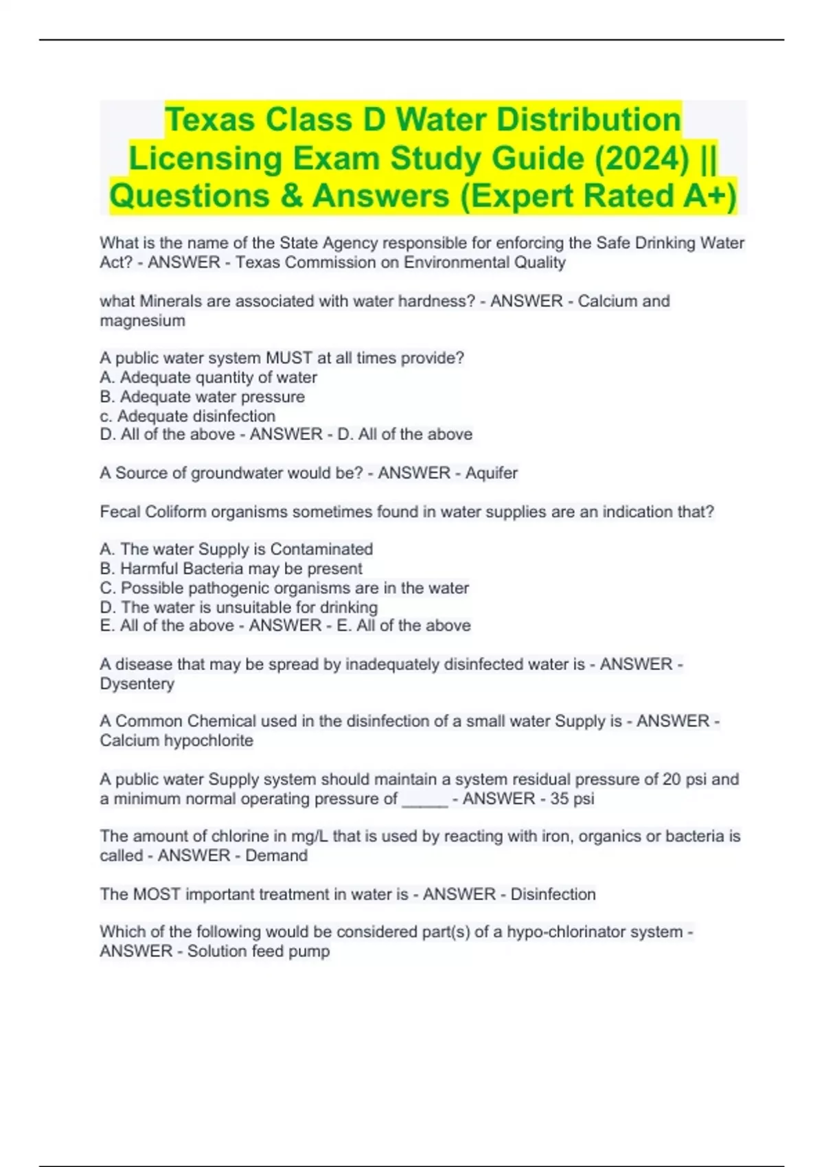 Texas Class D Water Distribution Licensing Exam Study Guide (2024 ...