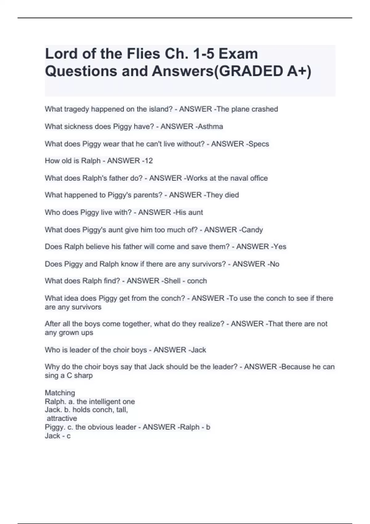 Lord of the Flies Ch. 1-5 Exam Questions and Answers(GRADED A+) - Lord ...