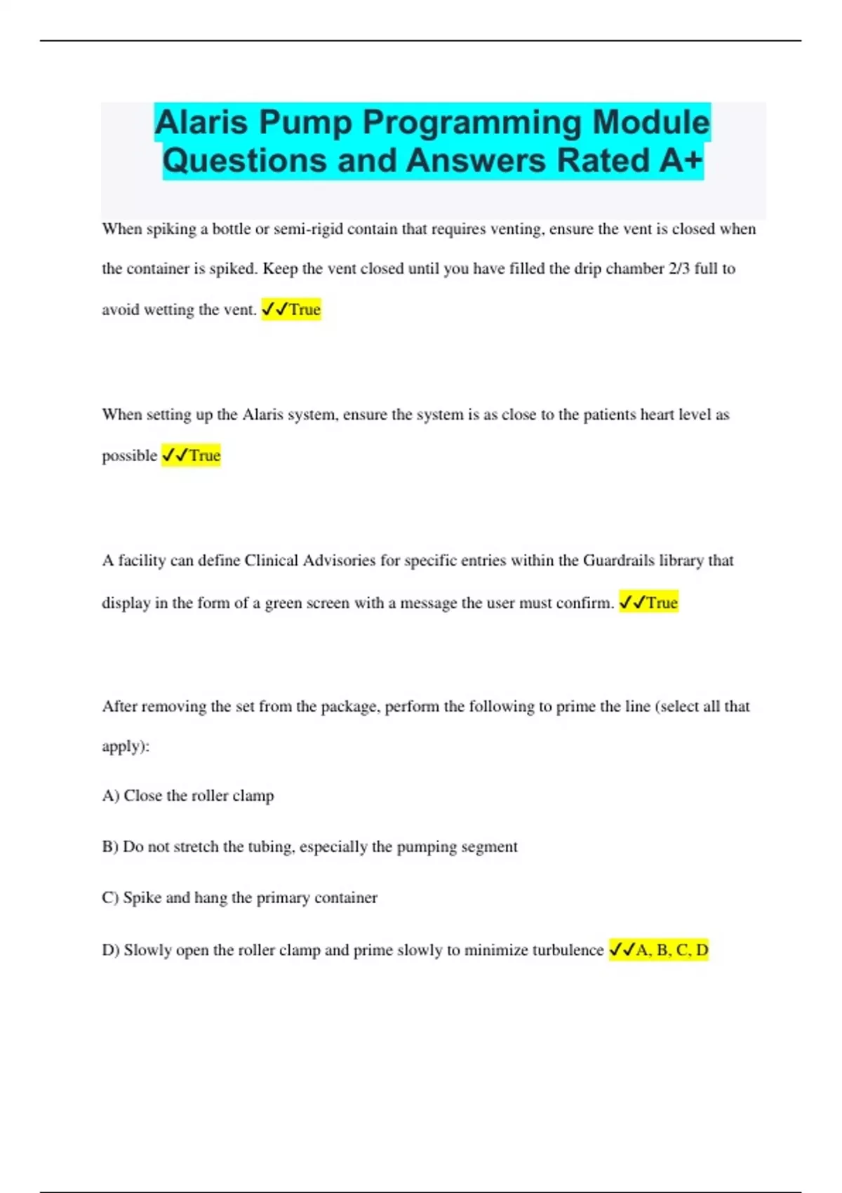 Alaris Pump Programming Module Questions and Answers Rated A+ - Alaris ...