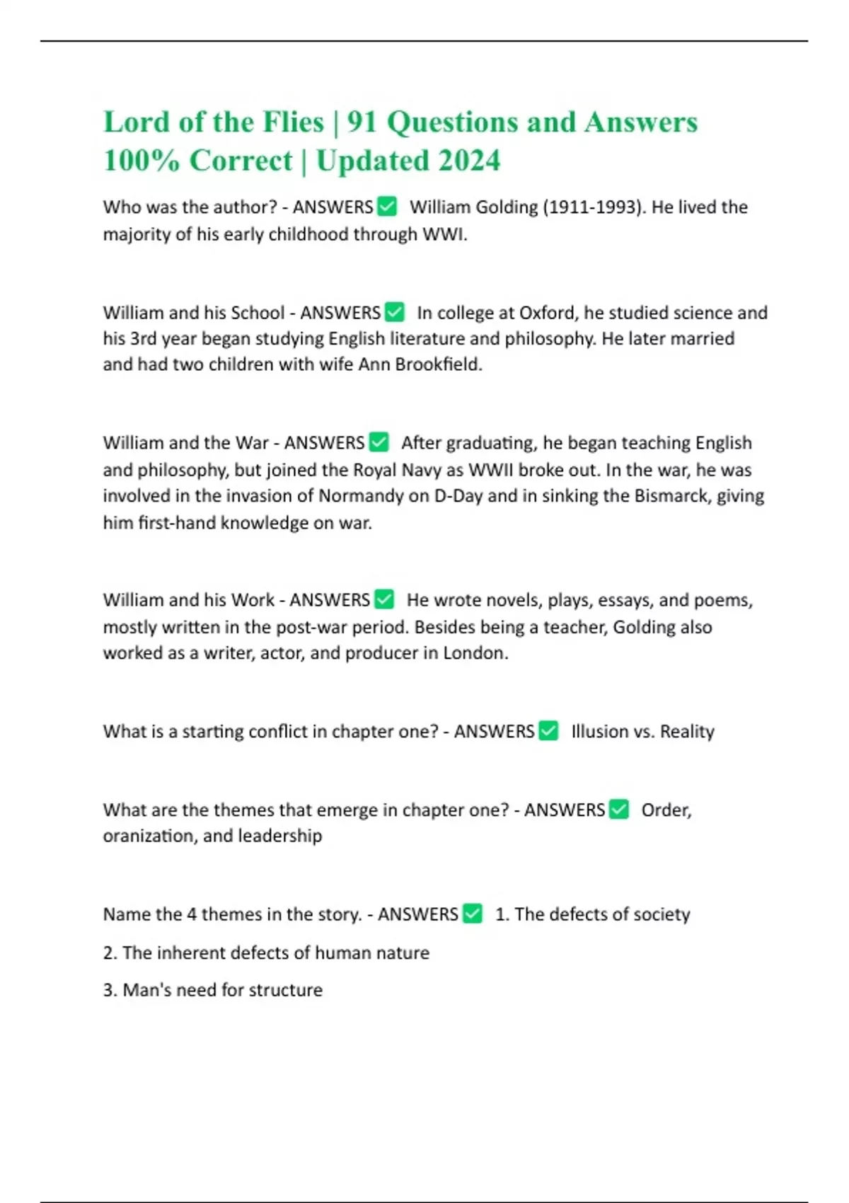 Lord of the Flies | 91 Questions and Answers 100% Correct | Updated ...
