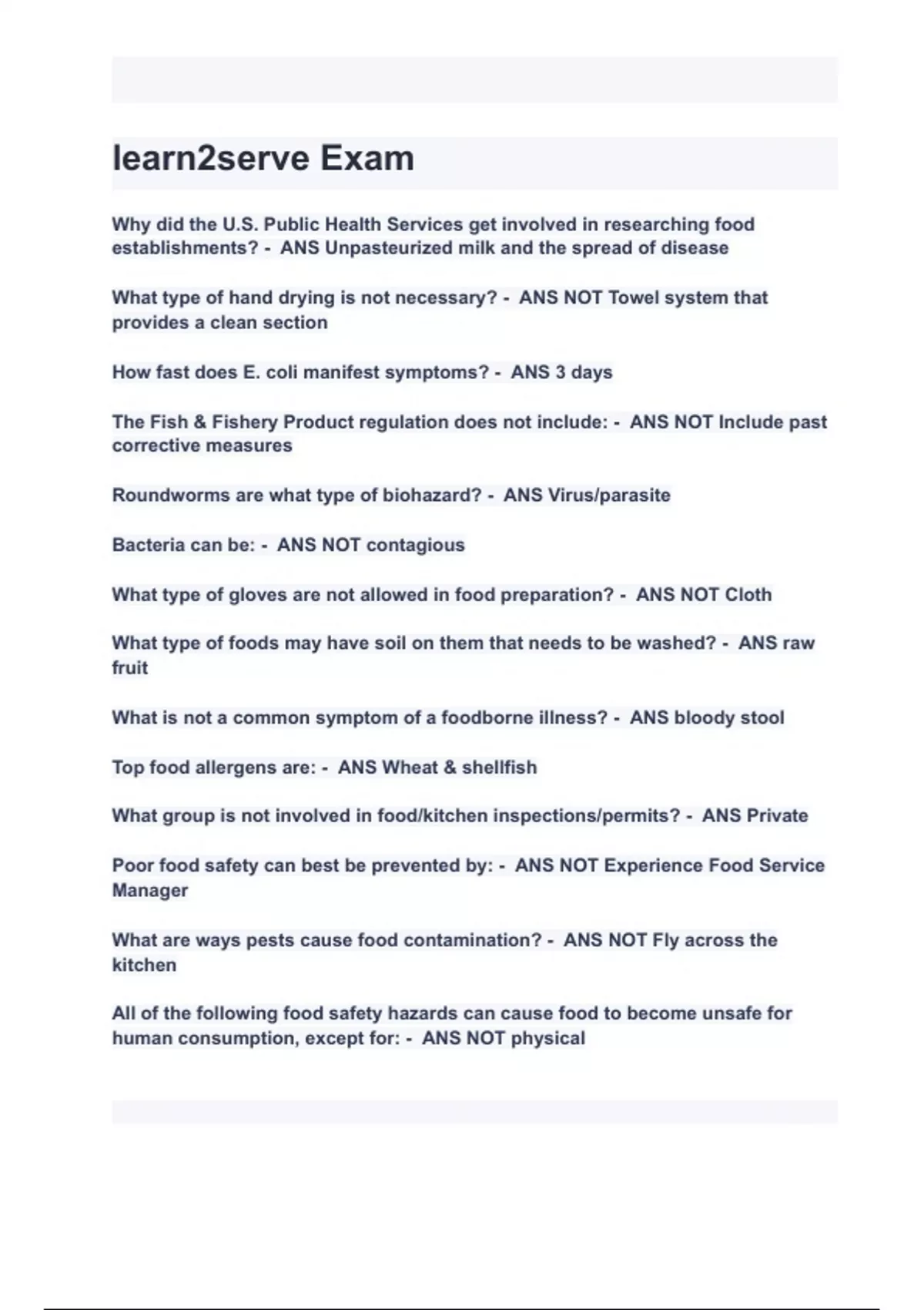 Learn2Serve Management Food Handlers Exam Questions with correct ...