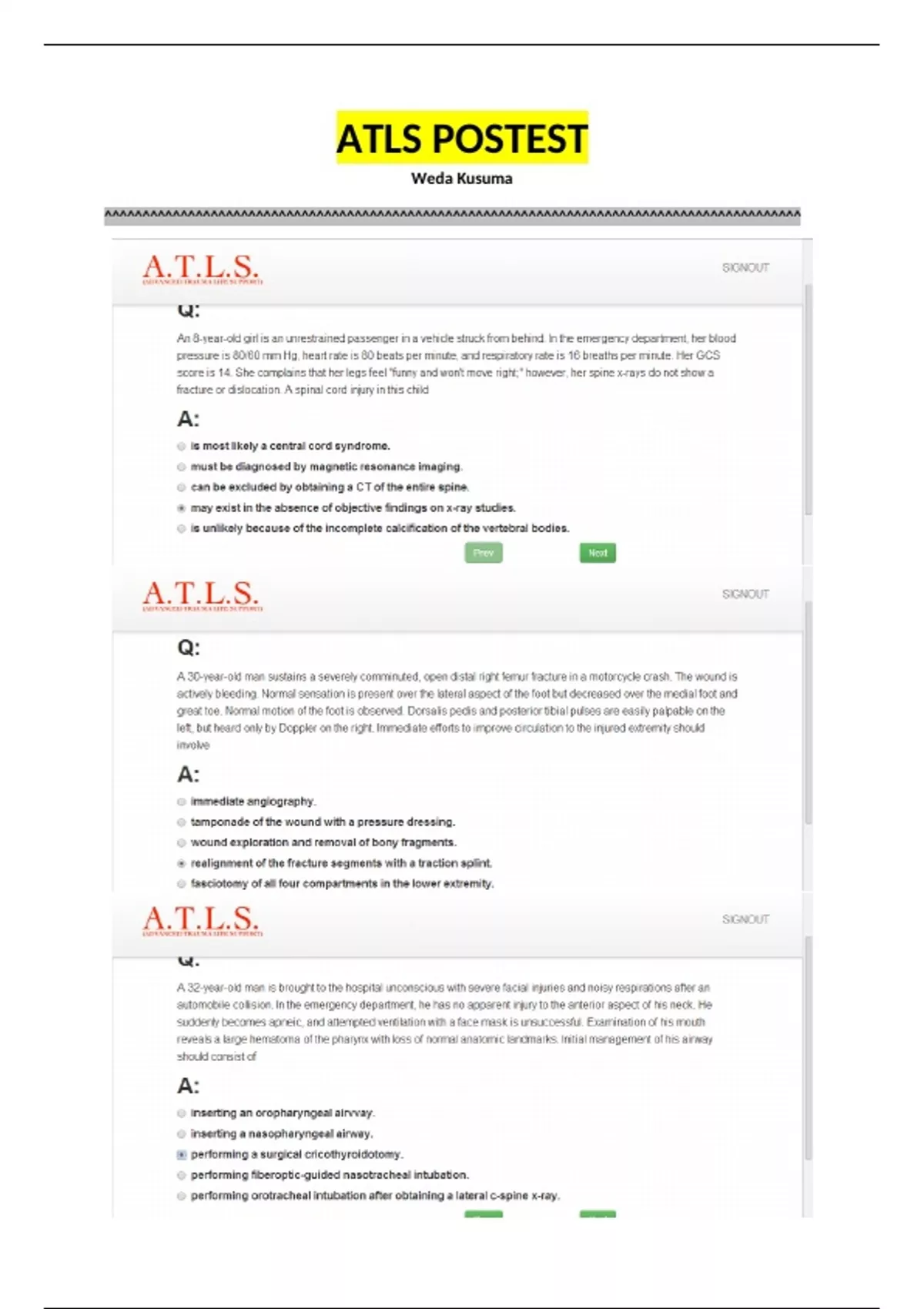 ATLS Postest Questions with 100% Correct Answers | Updated & Verified ...