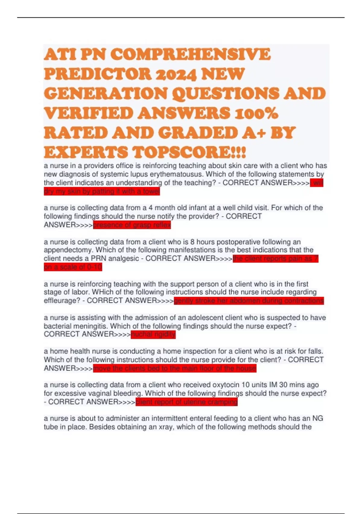 ATI PN COMPREHENSIVE PREDICTOR 2024 NEW GENERATION QUESTIONS AND ...