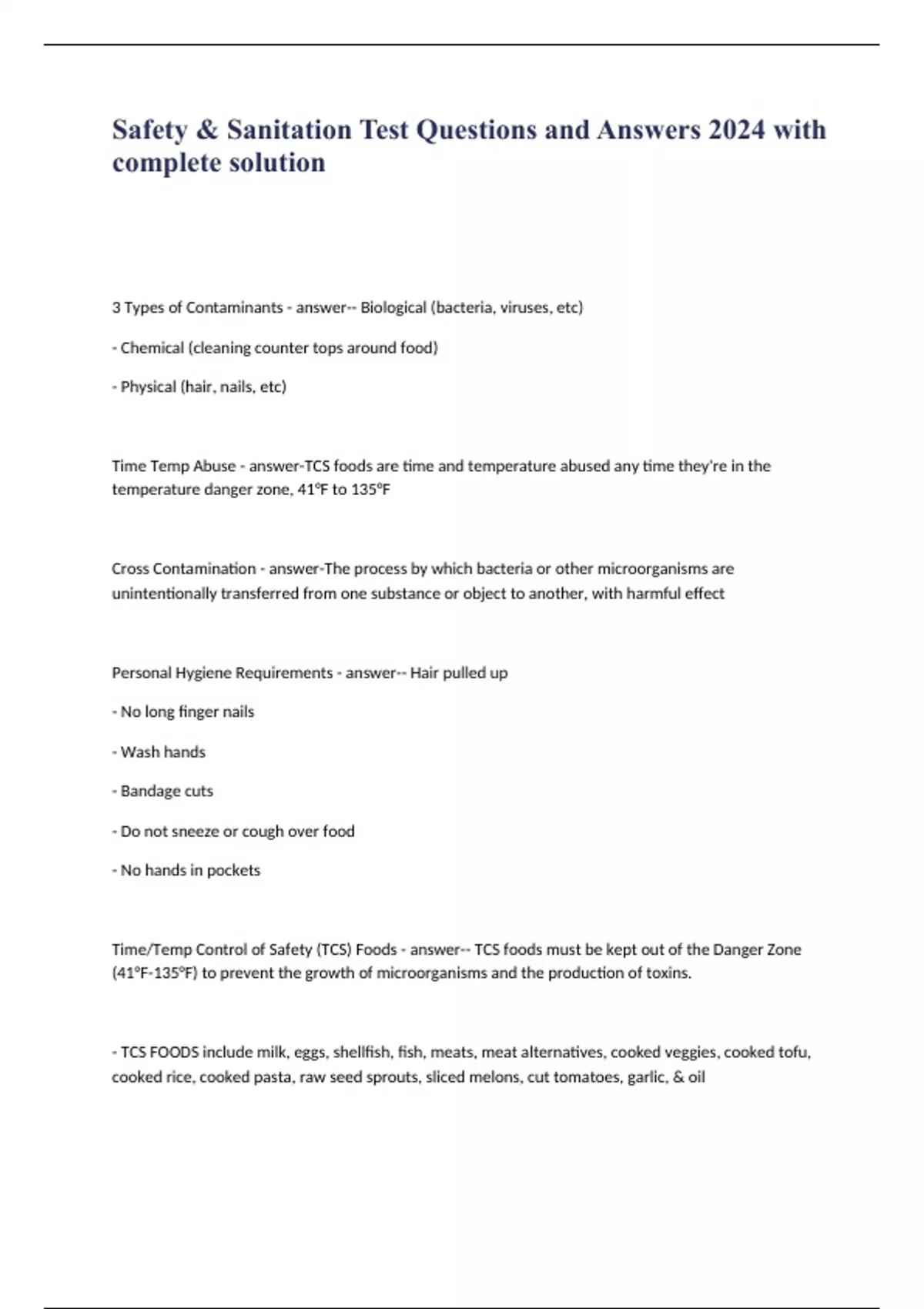 Safety & Sanitation Test Questions and Answers 2024 with complete ...
