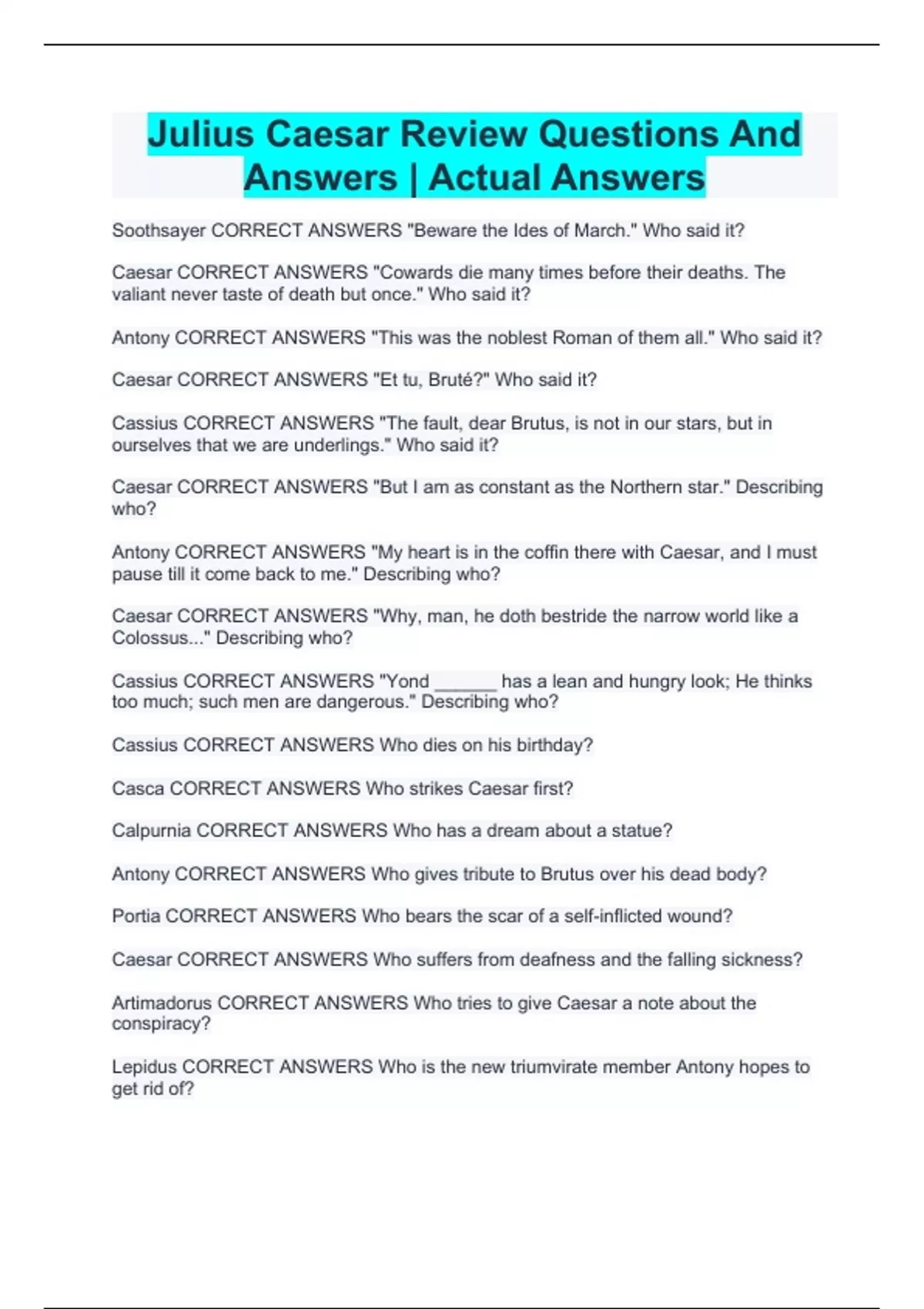 Julius Caesar Review Questions And Answers | Actual Answers - Julius ...
