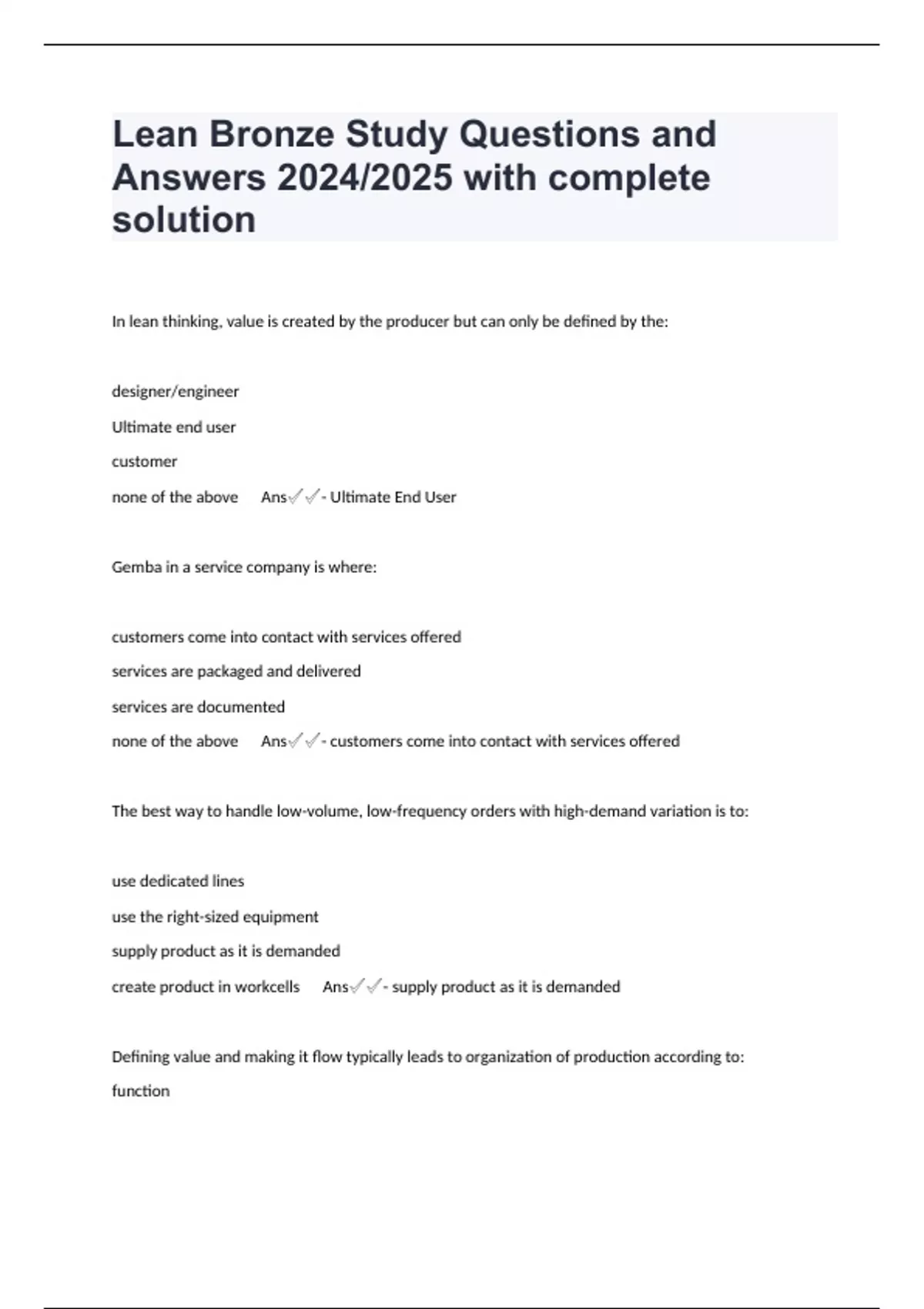 Lean Bronze Study Questions and Answers 2024/2025 with complete ...