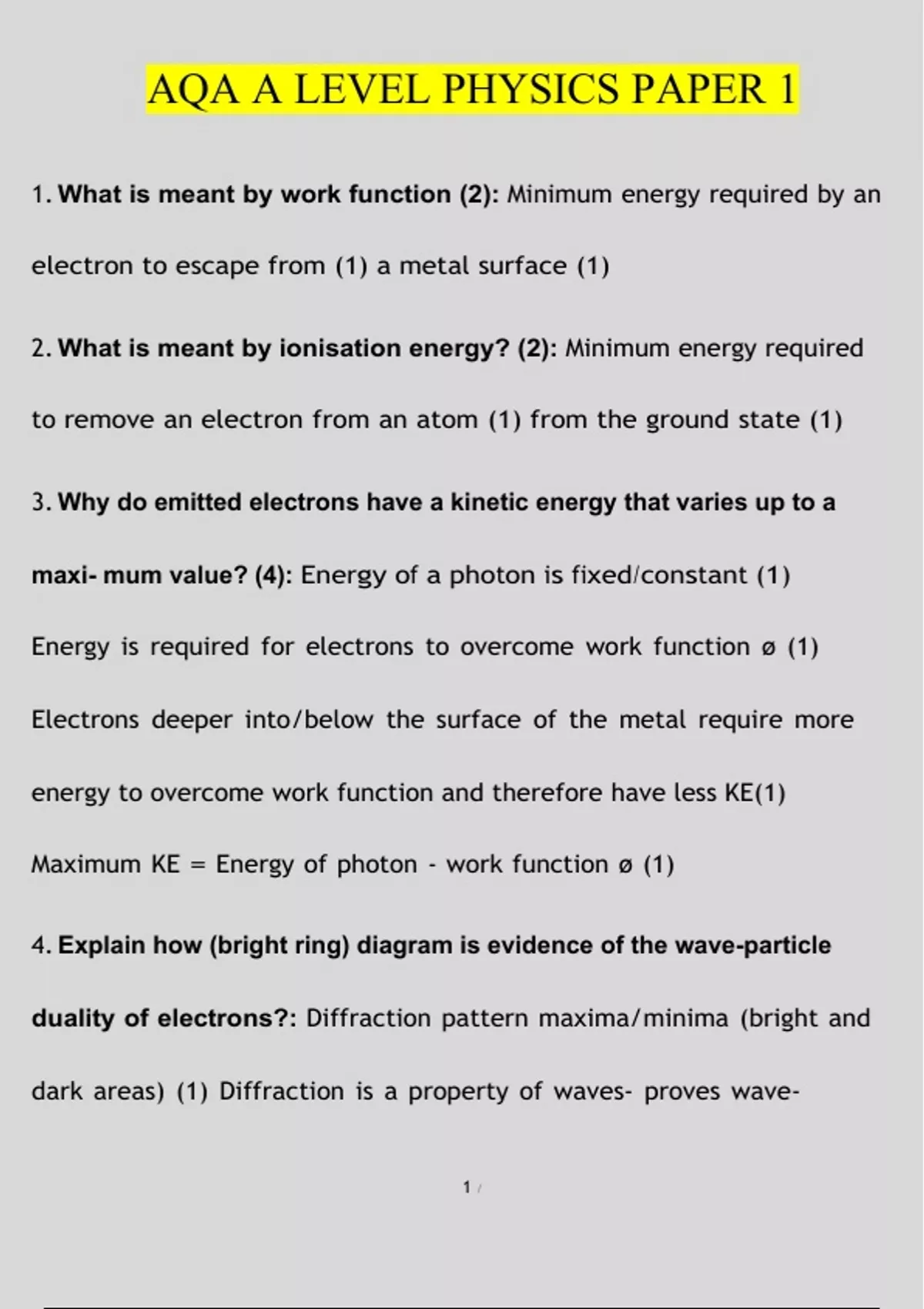 AQA A LEVEL PHYSICS PAPER 1 EXAM LATEST Questions with 100% Correct ...