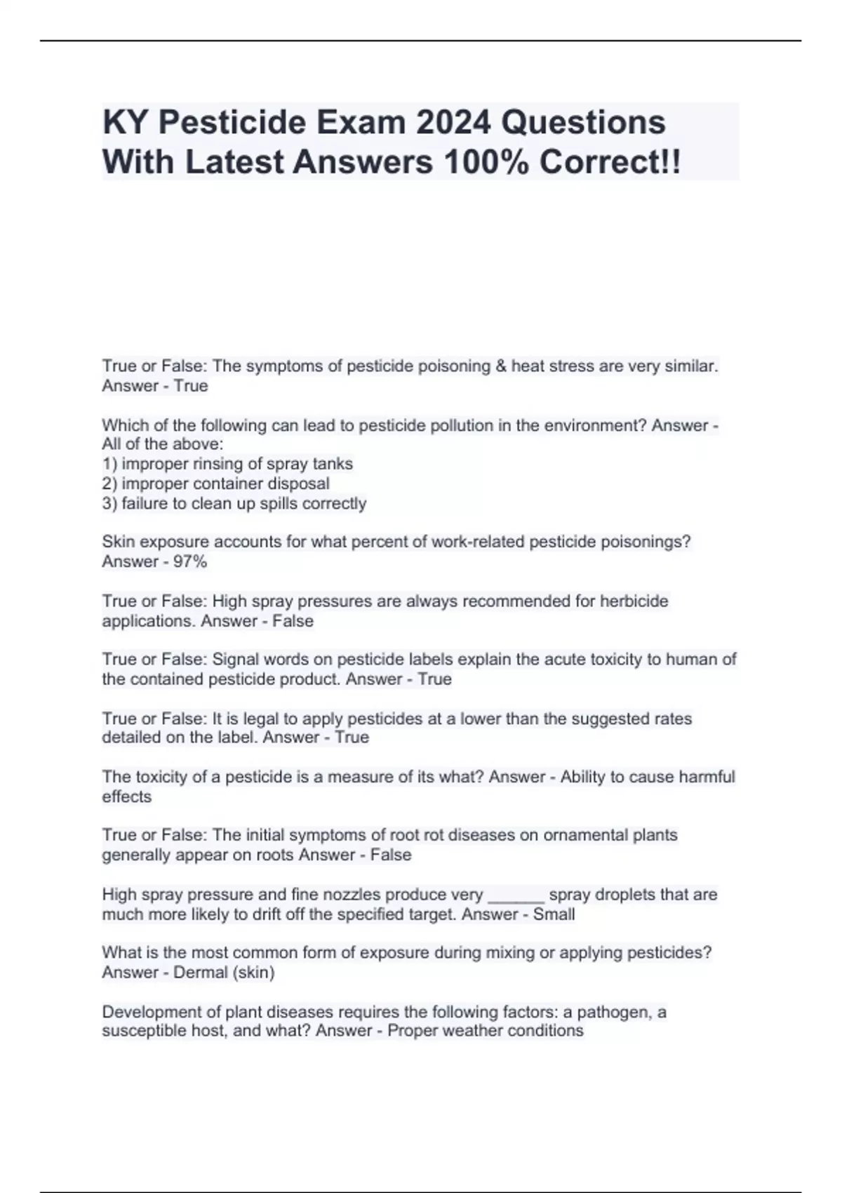 KY Pesticide Exam 2024 Questions With Latest Answers 100% Correct ...