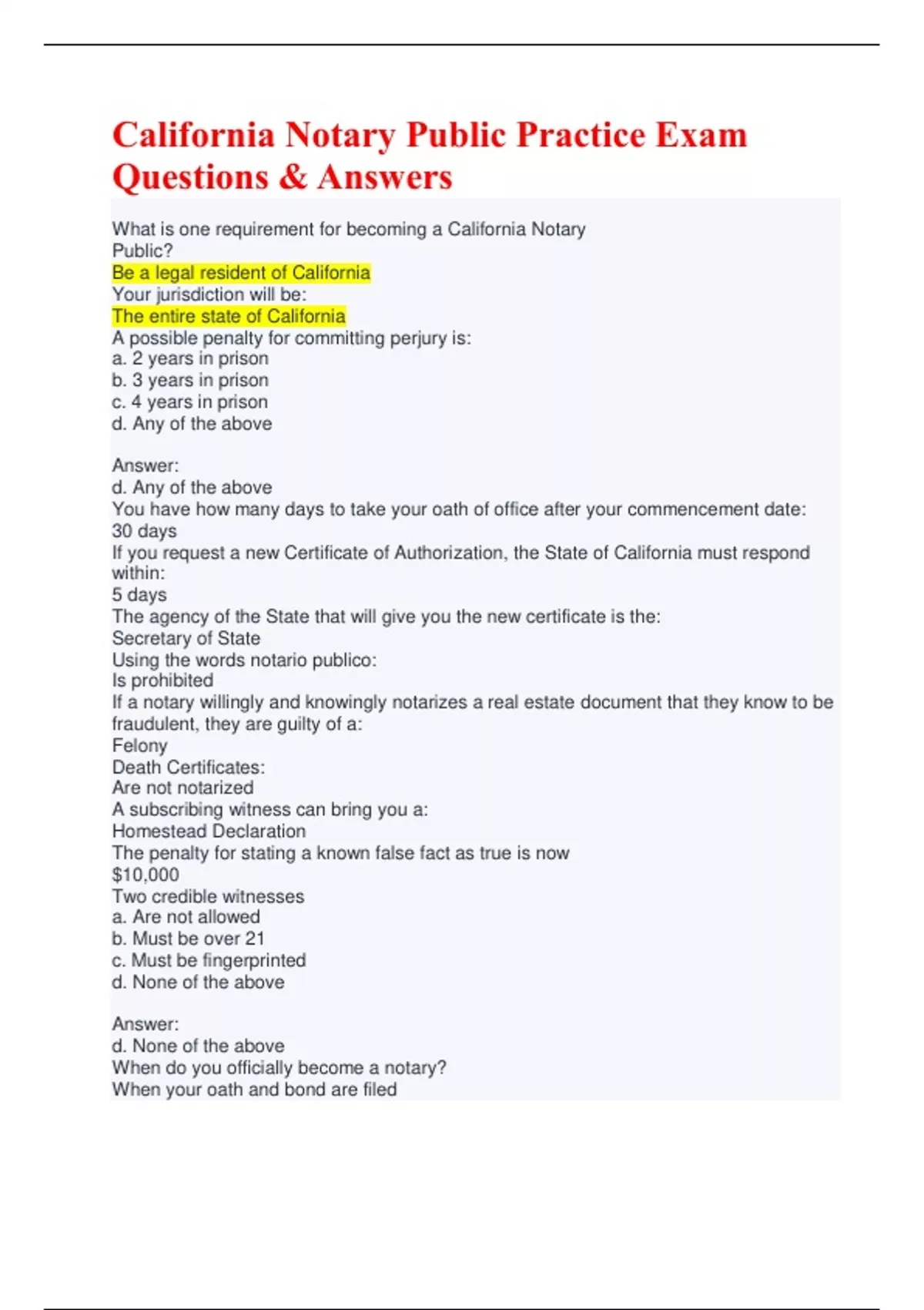 California Notary Public Practice Exam with55 Questions and Answers ...