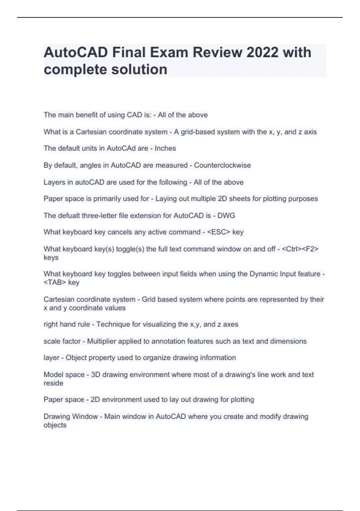 AUTOCAD FINAL EXAM REVIEW 2024 WITH COMPLETE SOLUTION - Nursing - Stuvia US