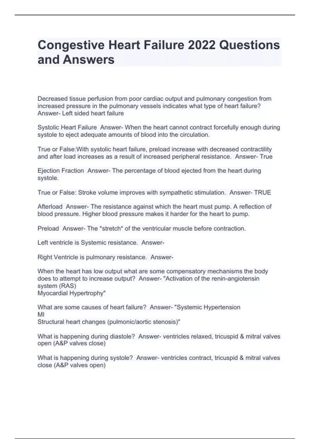 CONGESTIVE HEART FAILURE 2024/2024 QUESTIONS AND ANSWERS SOLVED 100% ...