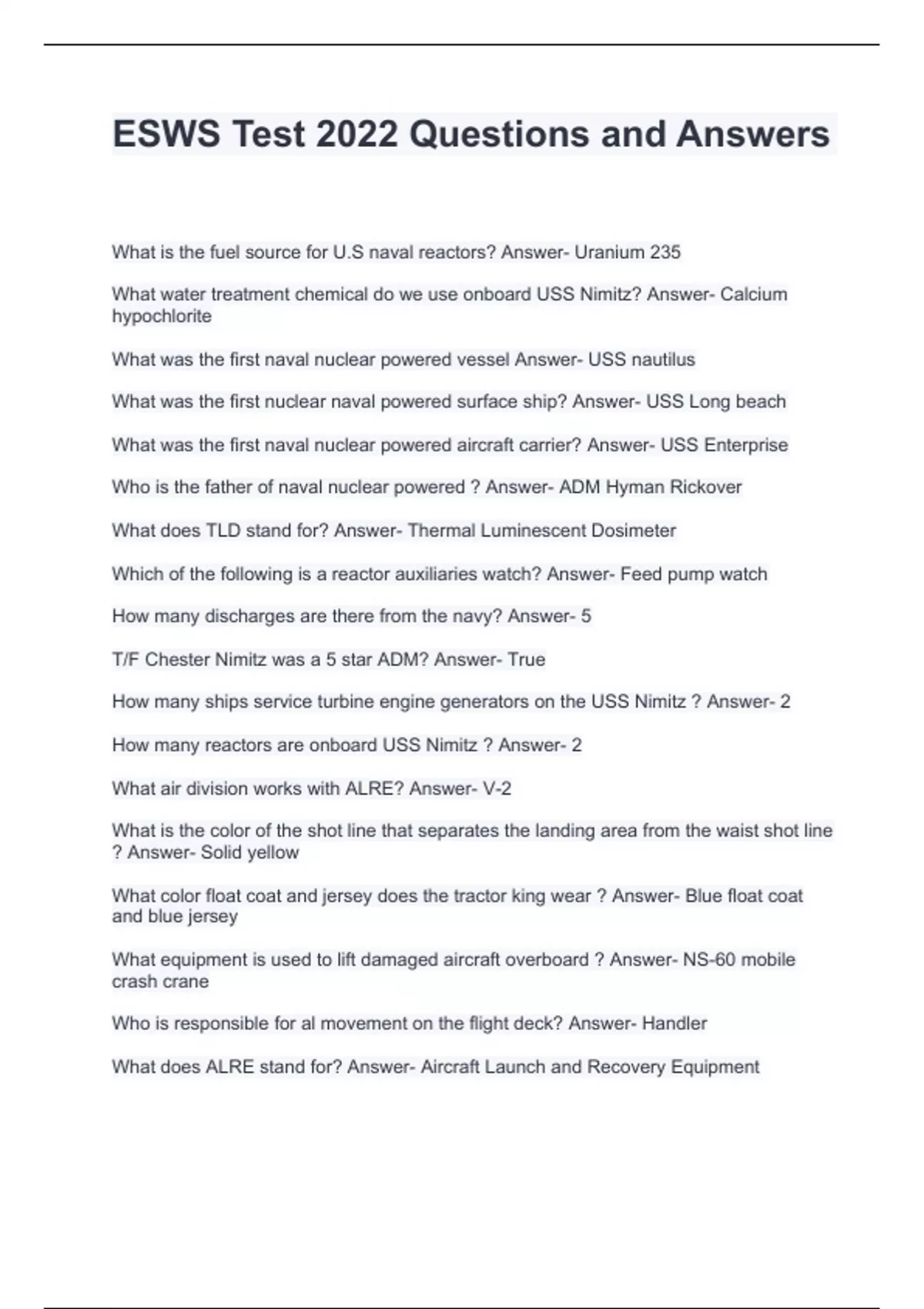 ESWS TEST QUESTIONS AND ANSWERS - Nursing - Stuvia US