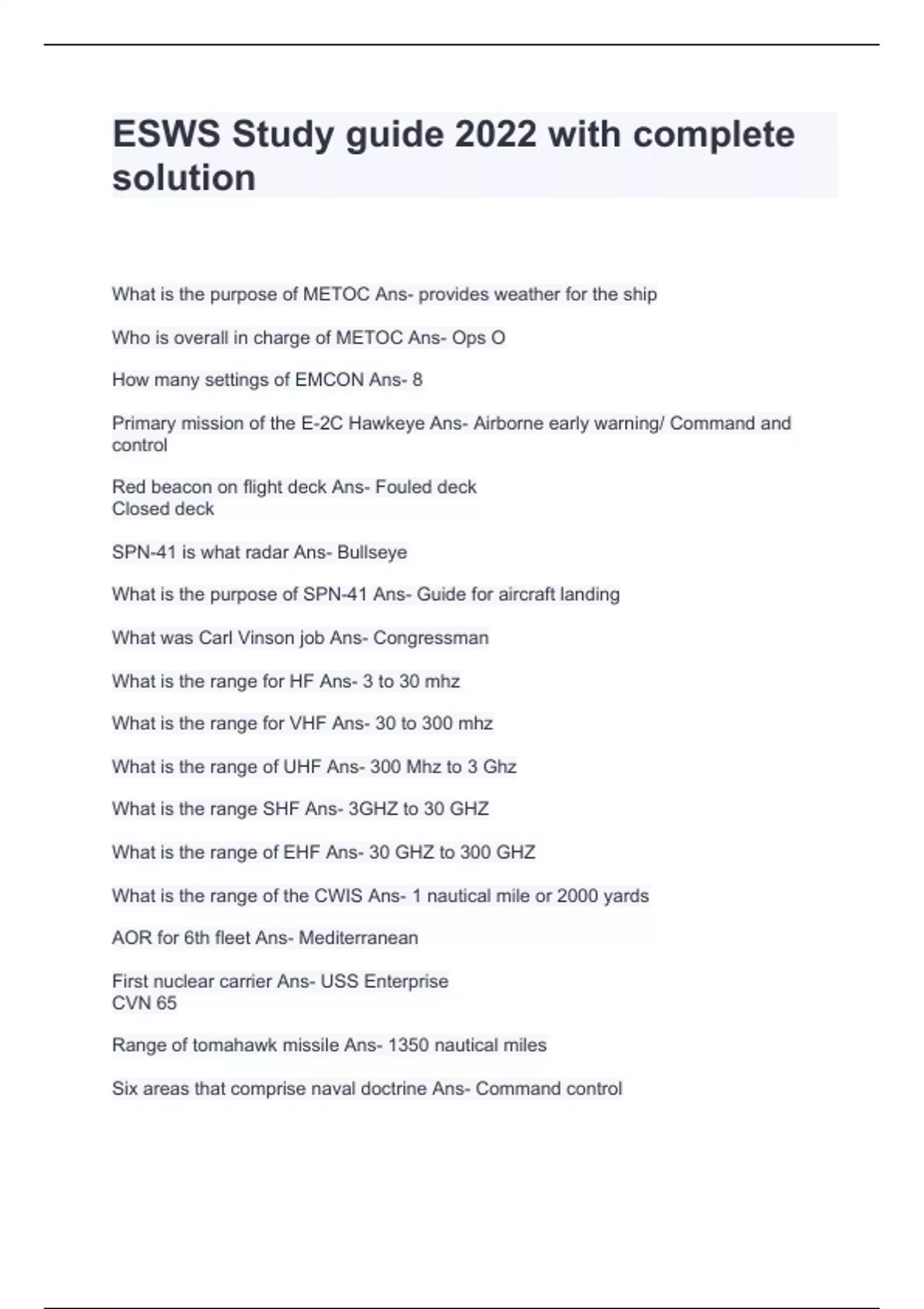 ESWS STUDY GUIDE 2024 WITH COMPLETE SOLUTION - Nursing - Stuvia US