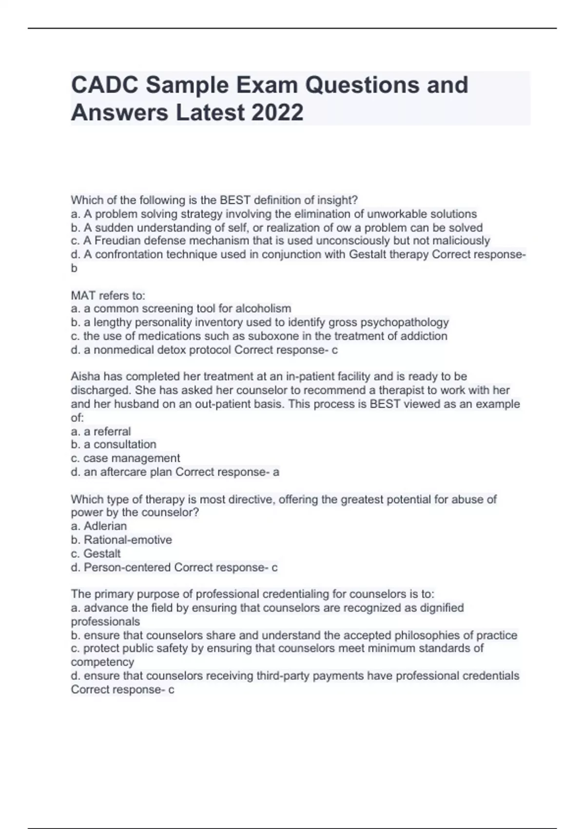 CADC SAMPLE EXAM QUESTIONS AND ANSWERS LATEST SOLVED 100% - Nursing ...